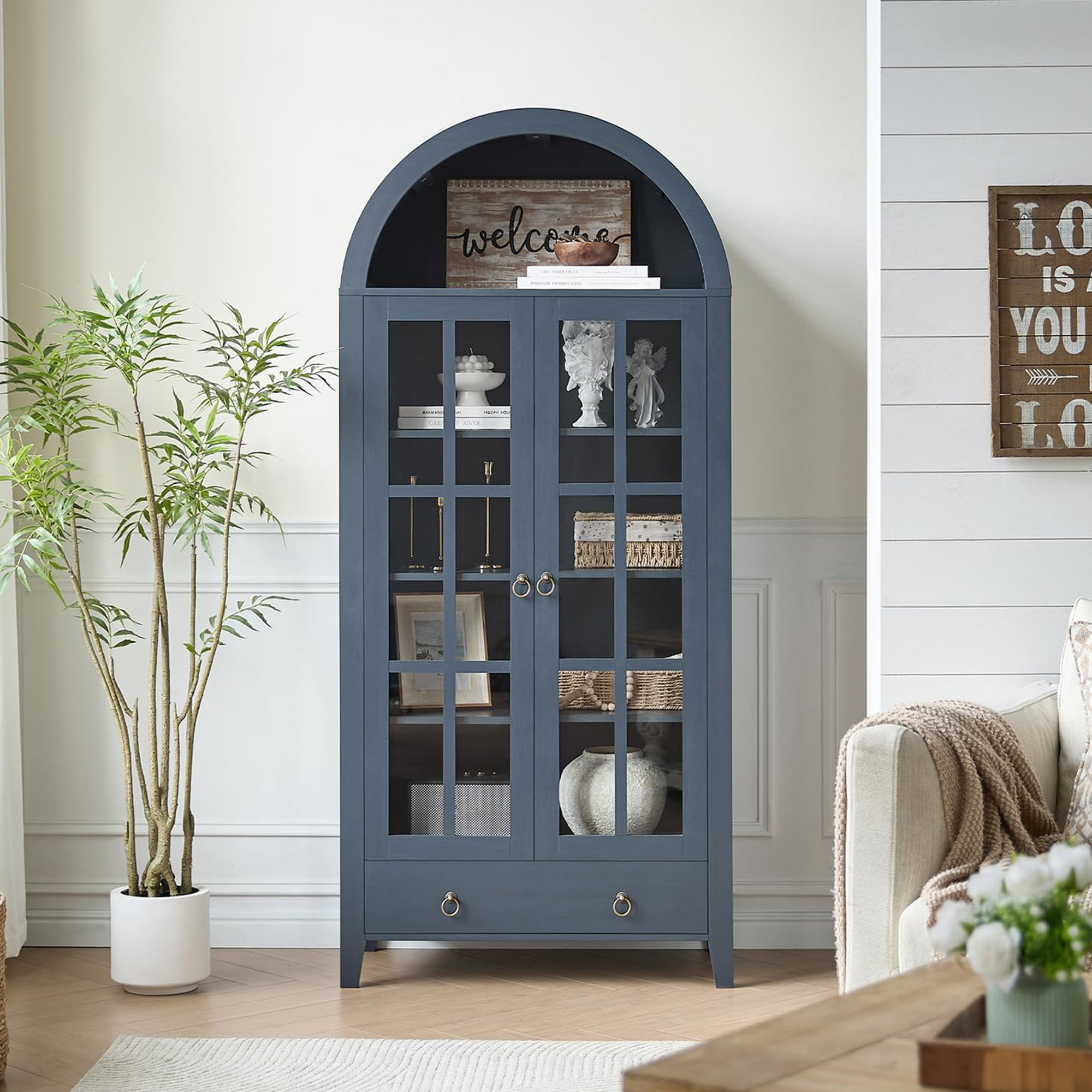 Breakwater Bay Farmhouse Arched Cabinet with Glass Doors | Wayfair