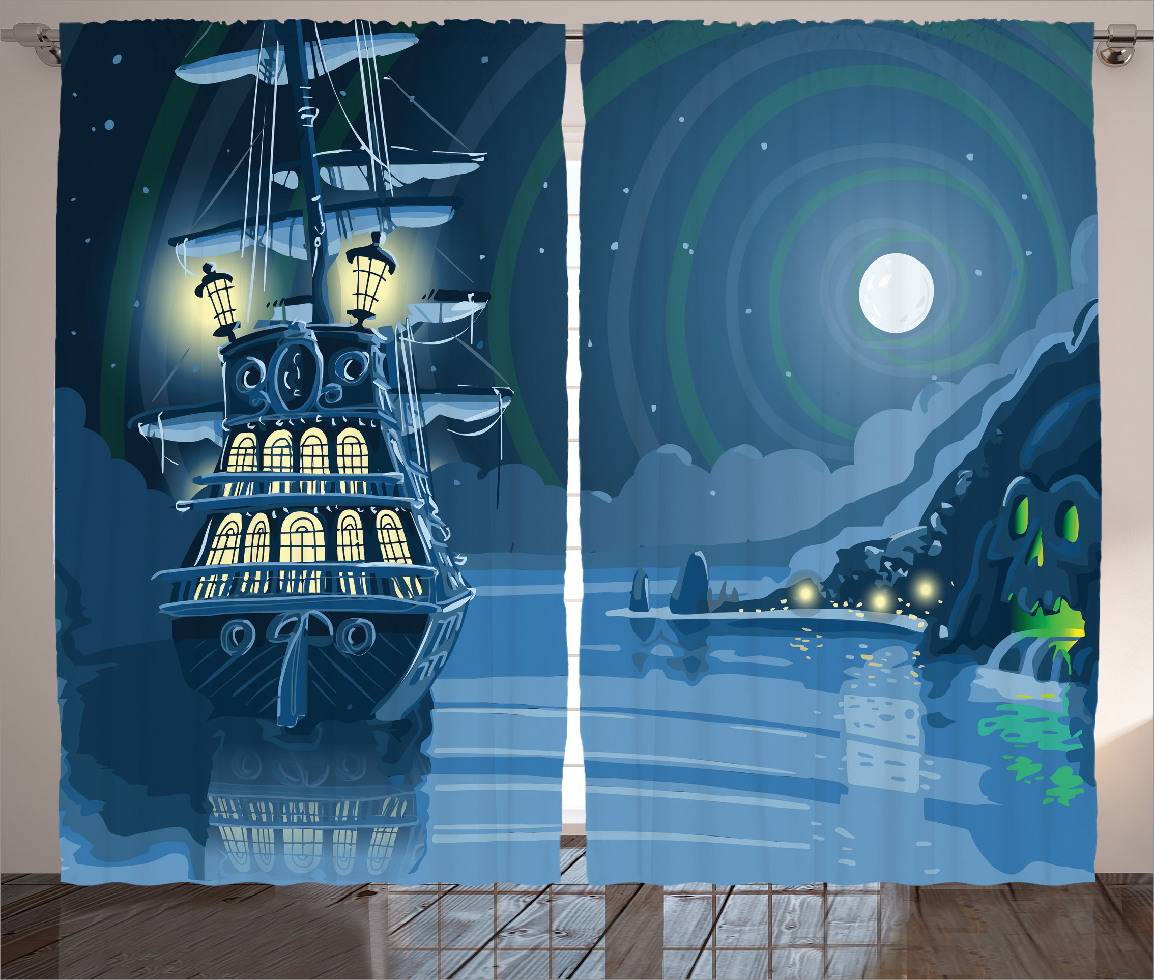 Ambesonne Nautical Pirate Ship Semi-Sheer Rod Pocket Curtain Panels ...