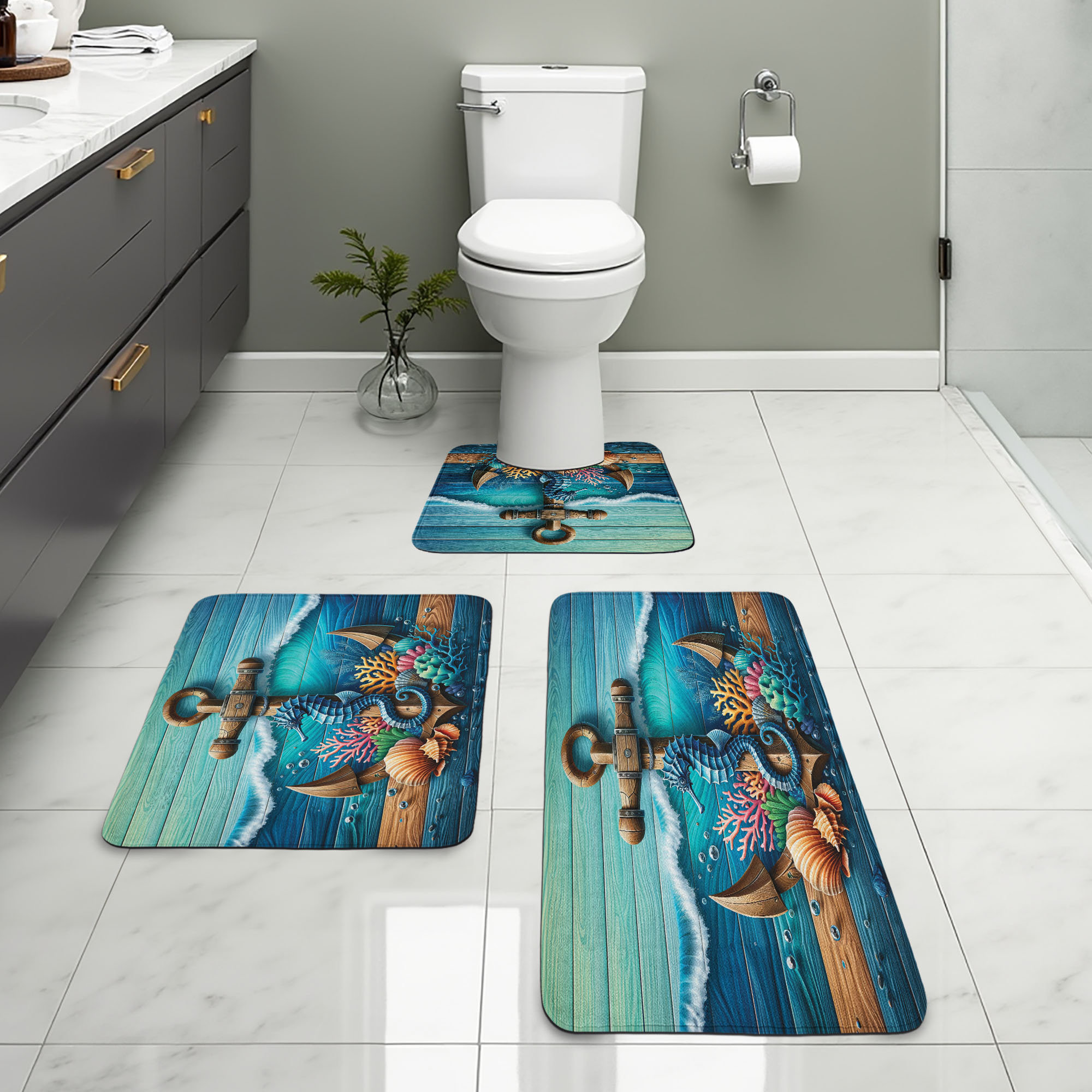 East Urban Home Nautical Bathroom Rug Set 3 Pieces U-Shape & Rectangle ...