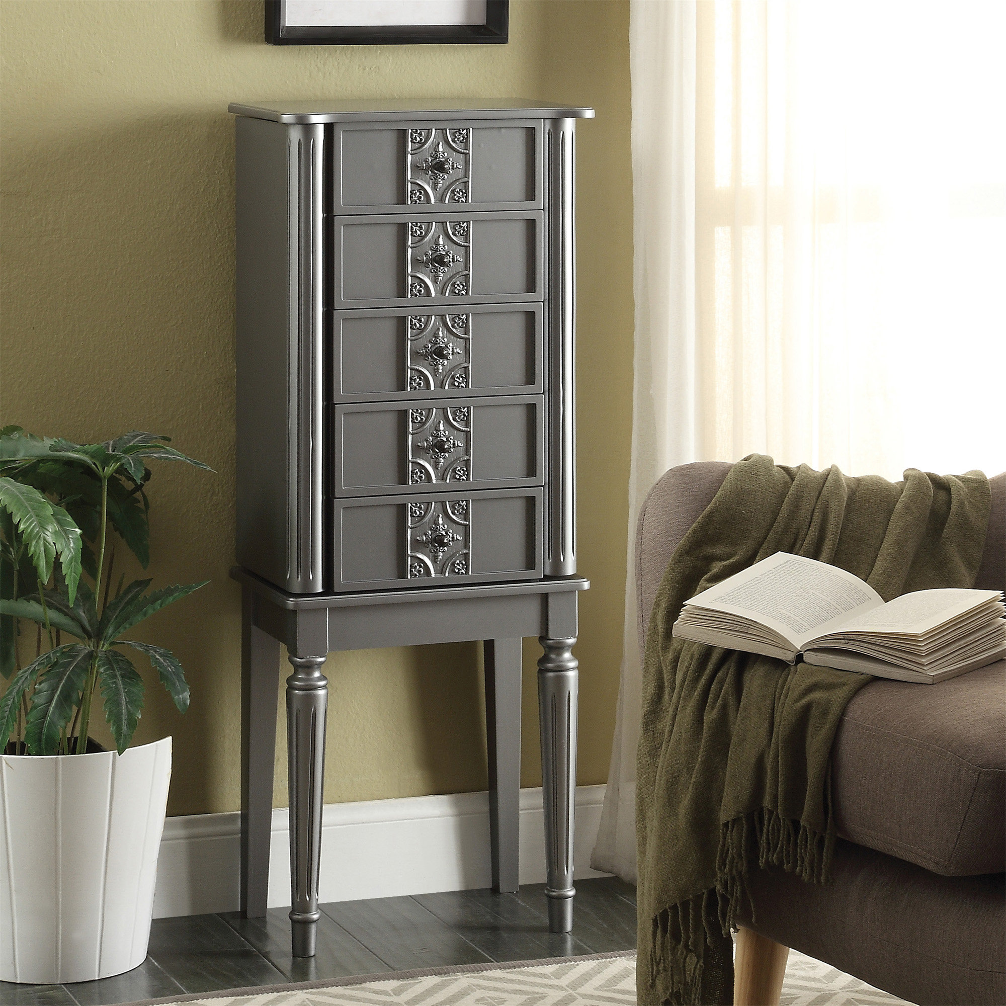 Canora Grey Silver 4-Drawer Jewelry Armoire With Mirror | Wayfair