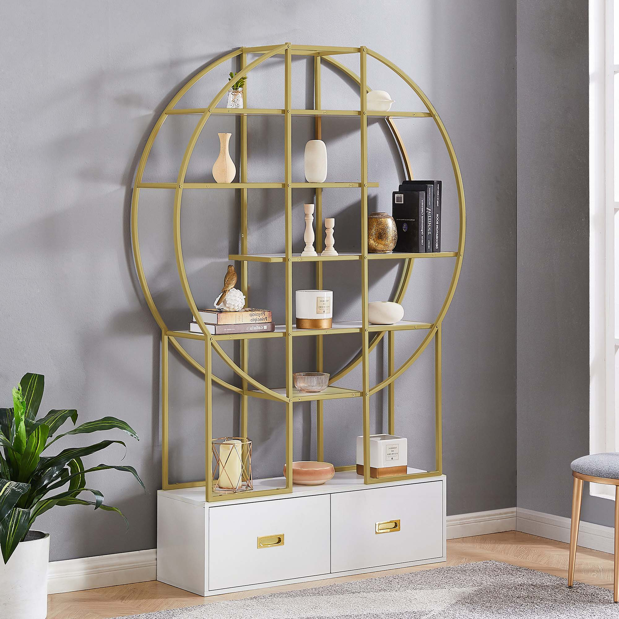 Mercer41 Round Office Bookcase Bookshelf, Display Shelf, Two Drawers ...