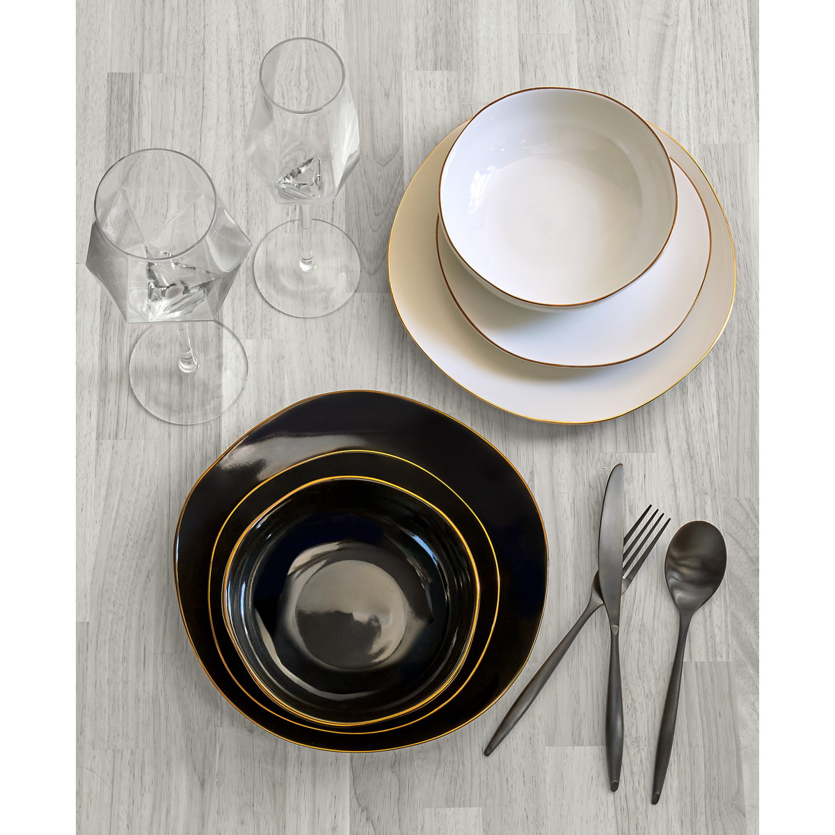 Godinger Silver Art Co Andover Black 12 Piece Gold Rim Dinnerware Set ...