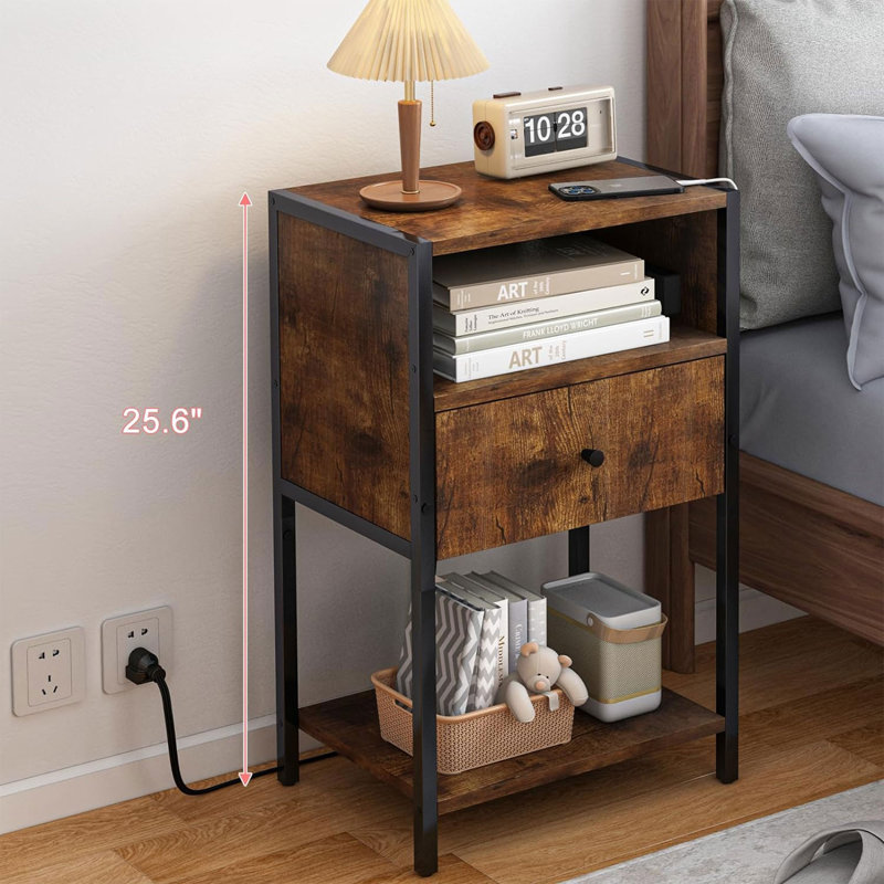17 Stories Wood End Table One Drawer With Power Strip | Wayfair