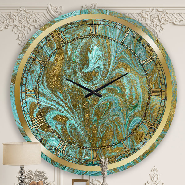 East Urban Home Blue Green and Gold Marble - Glam wall clock | Wayfair