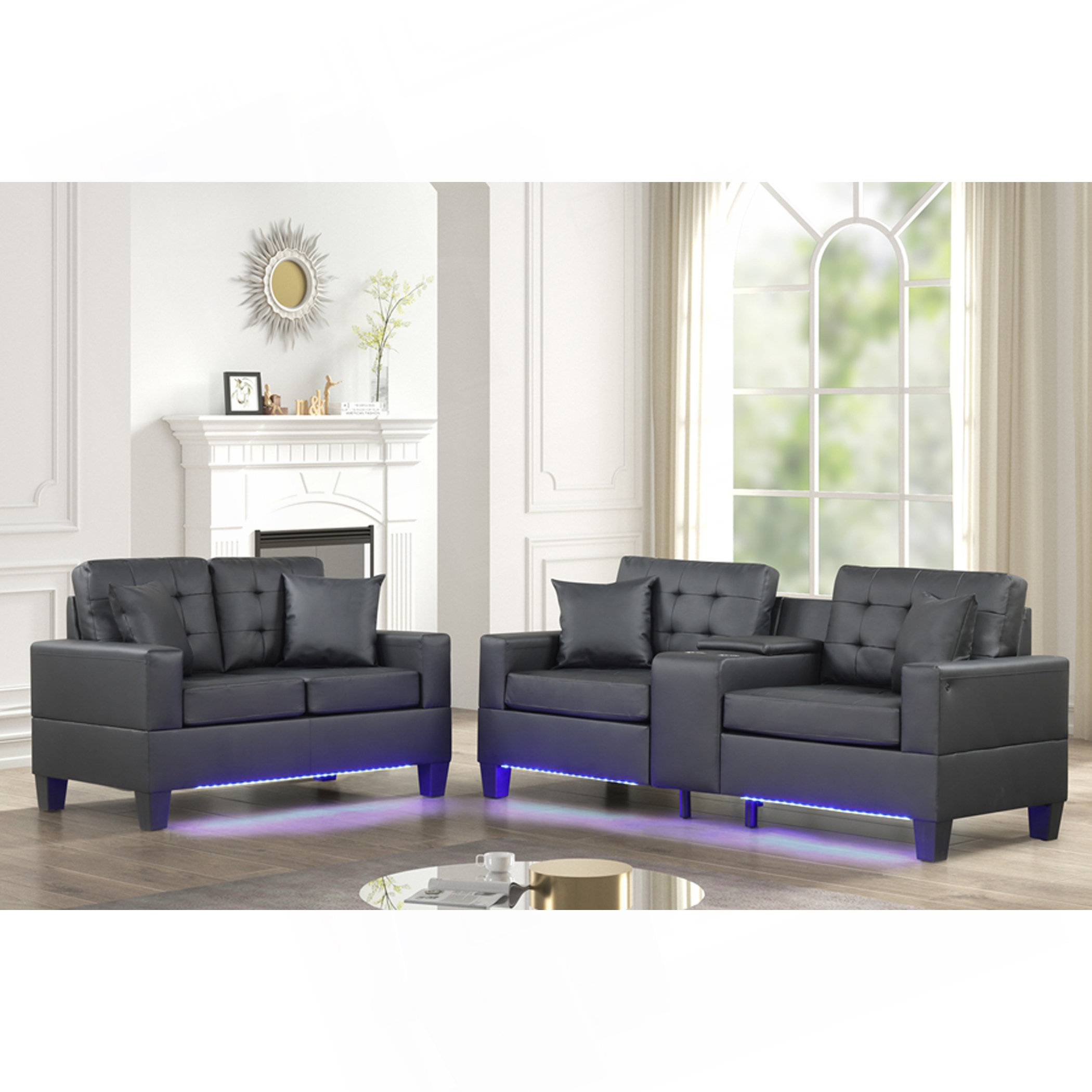 Hokku Designs Genesis Black PVC Fabric Sofa Loveseat Living Room Set ...