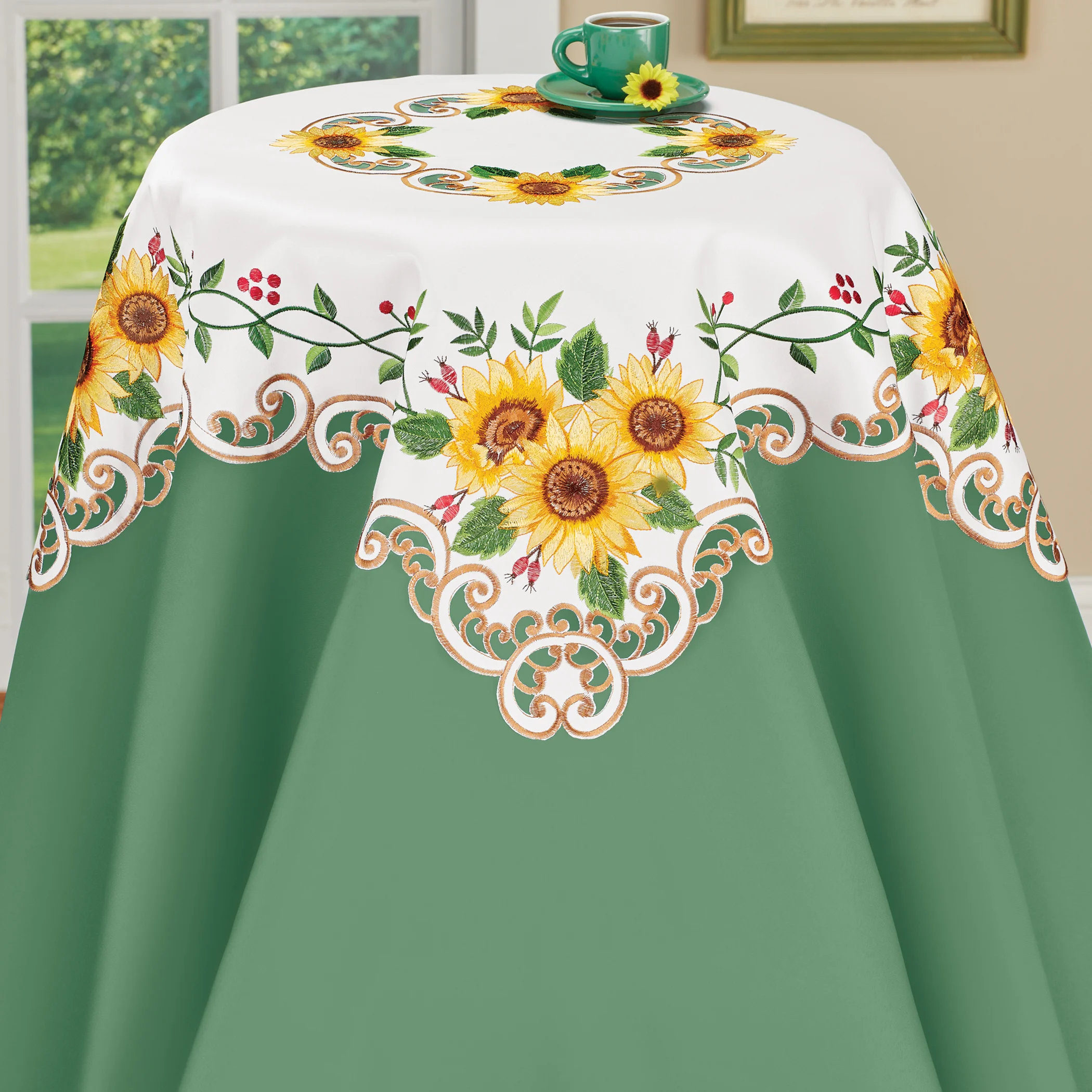August Grove Embroidered Sunflower Berries Scalloped Edge Table Linens ...