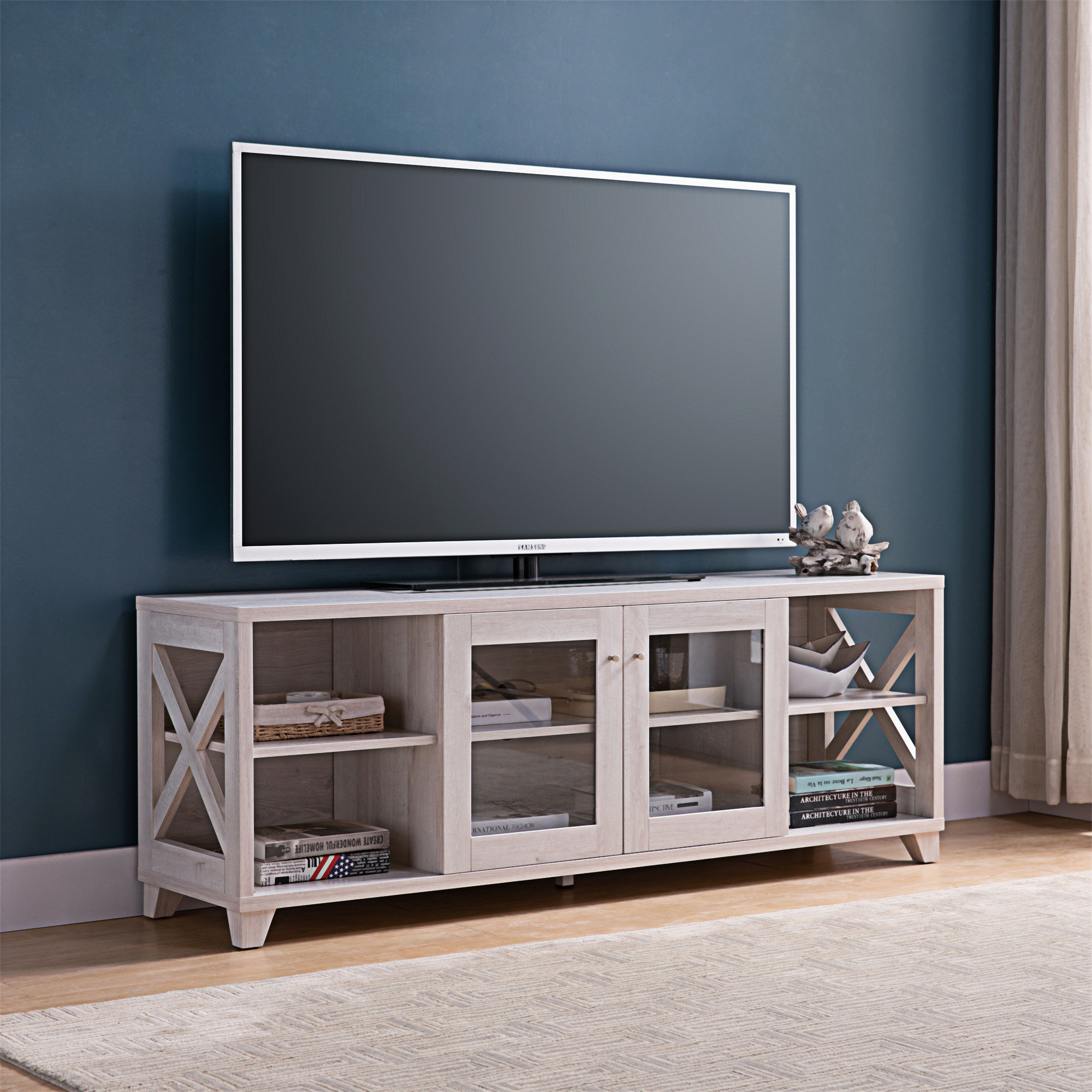 Gracie Oaks White Oak TV Stand With Four Side Shelves And Centre ...