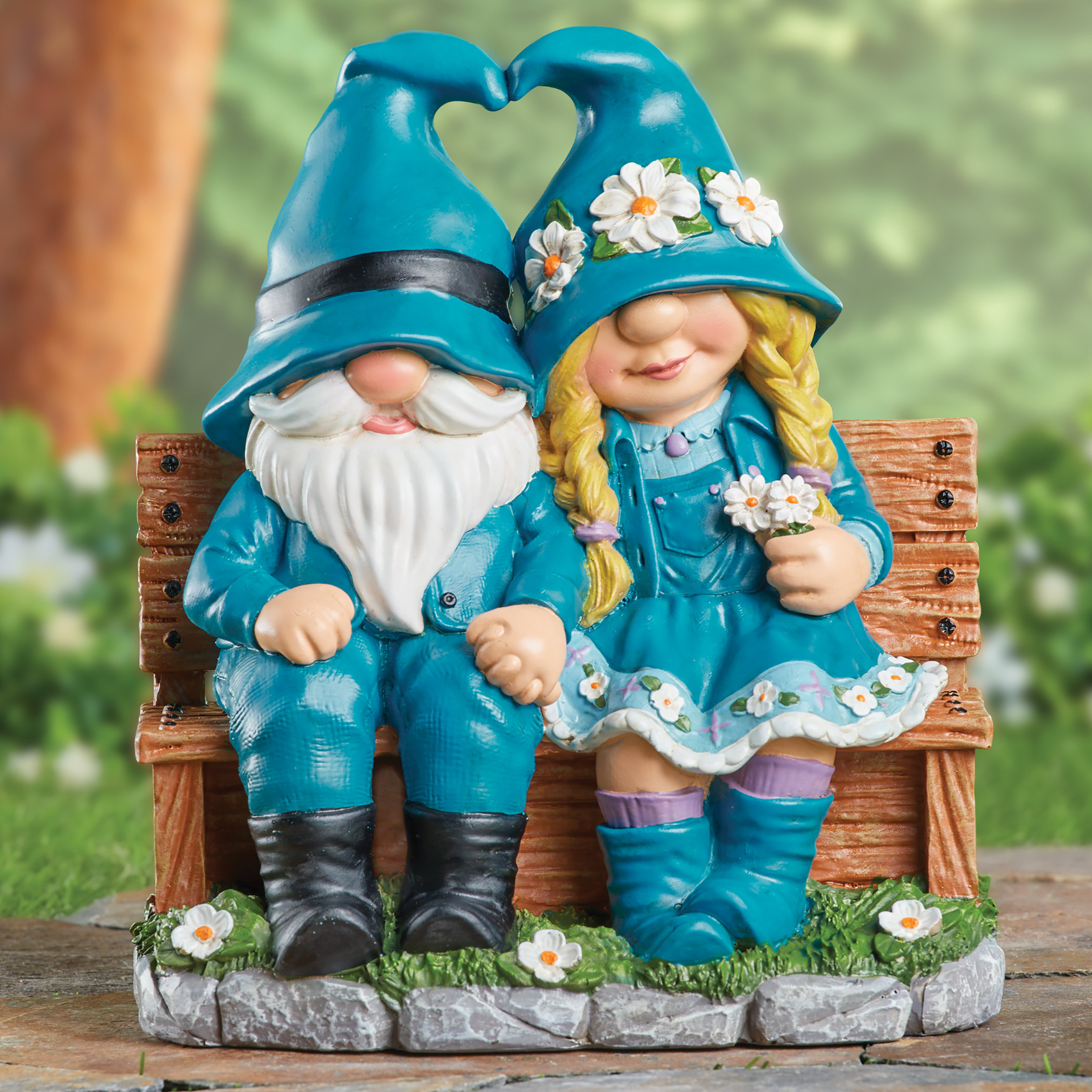Ophelia & Co. Hand-Painted Gnome Couple on a Bench Garden Statue ...