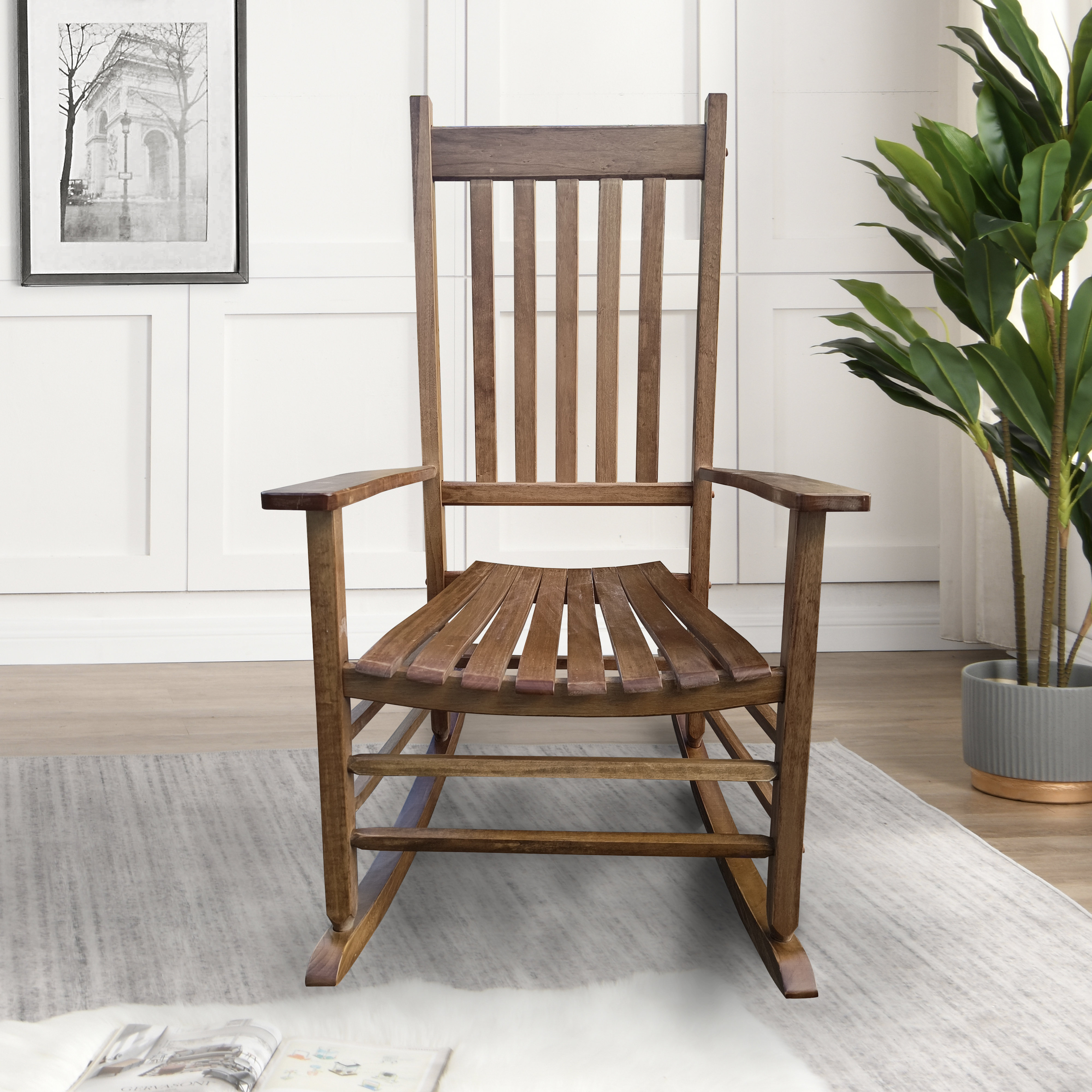 August Grove® Brown/Oak/White Solid Populus Wood Adult Rocking Chair ...