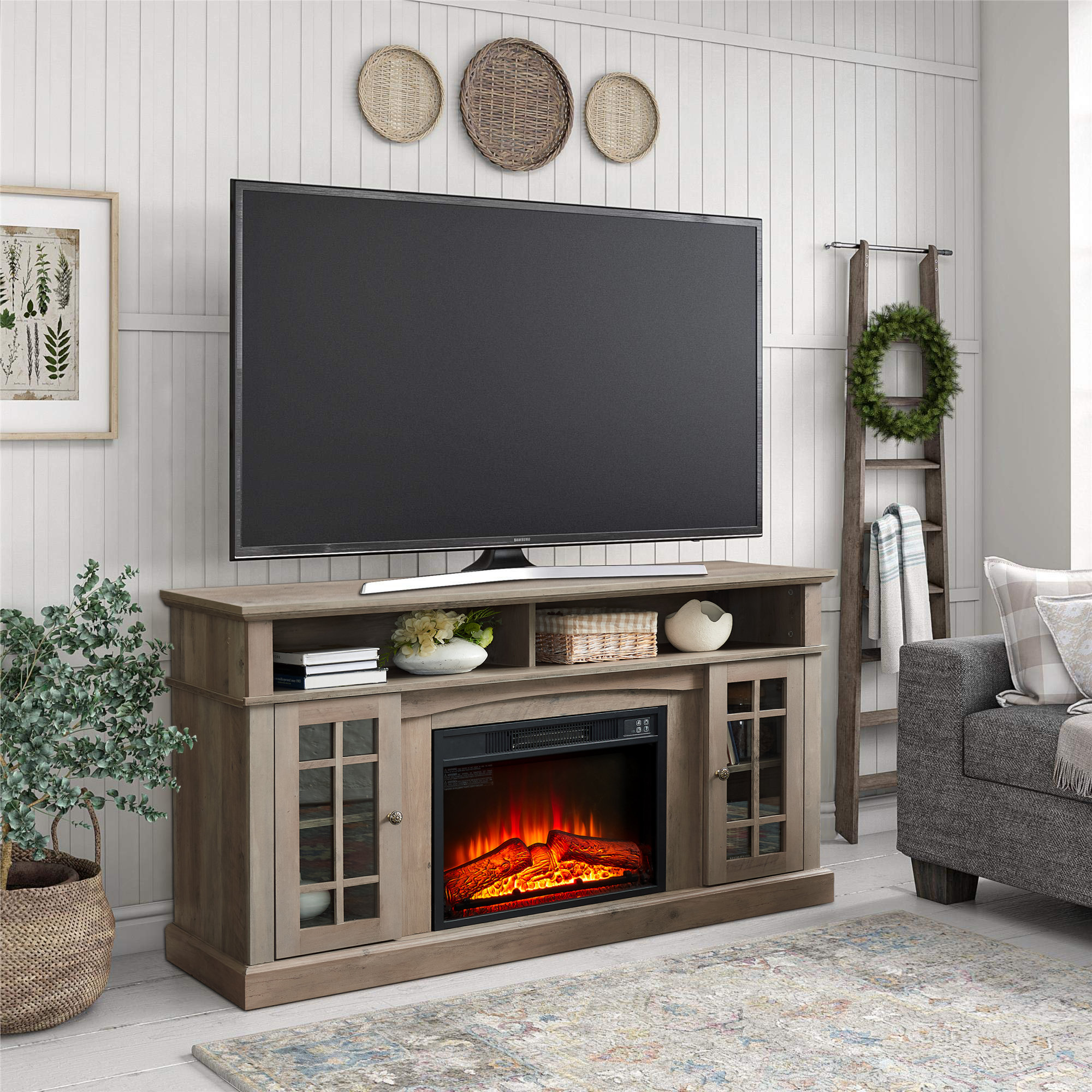 Gracie Oaks Xee 58"W Retro Fireplace Insert TV Stand, 1400W Electric ...