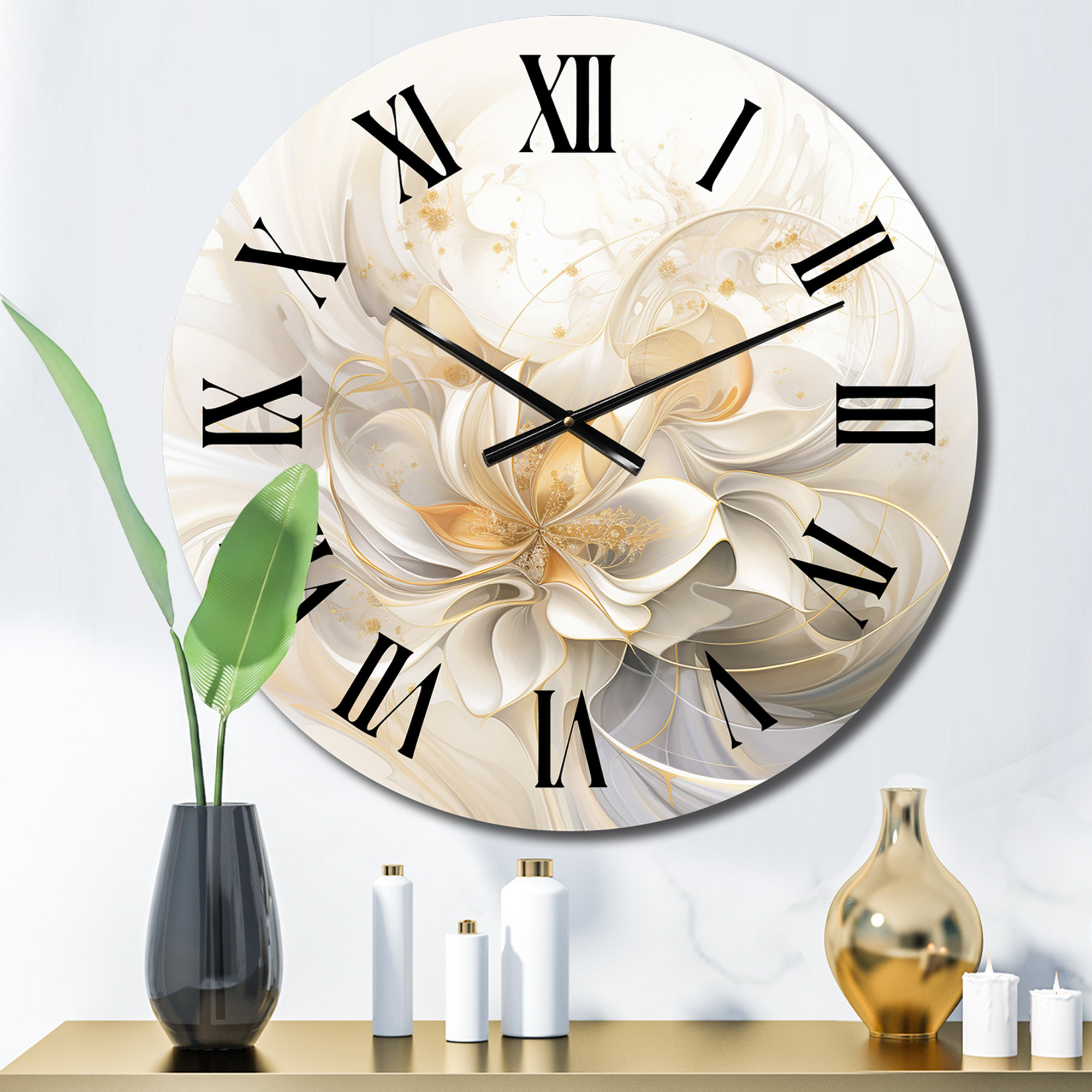 Design Art Dreamy White Digital Spring Flowers II Metal Wall Clock ...