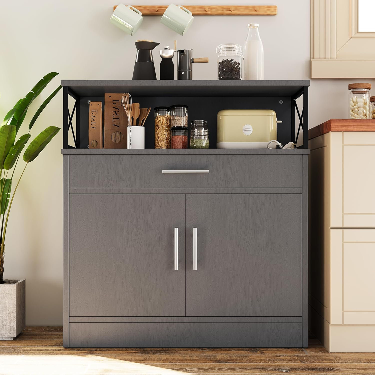 Gracie Oaks 32” Modern Kitchen Storage Cabinet with Open Storage ...