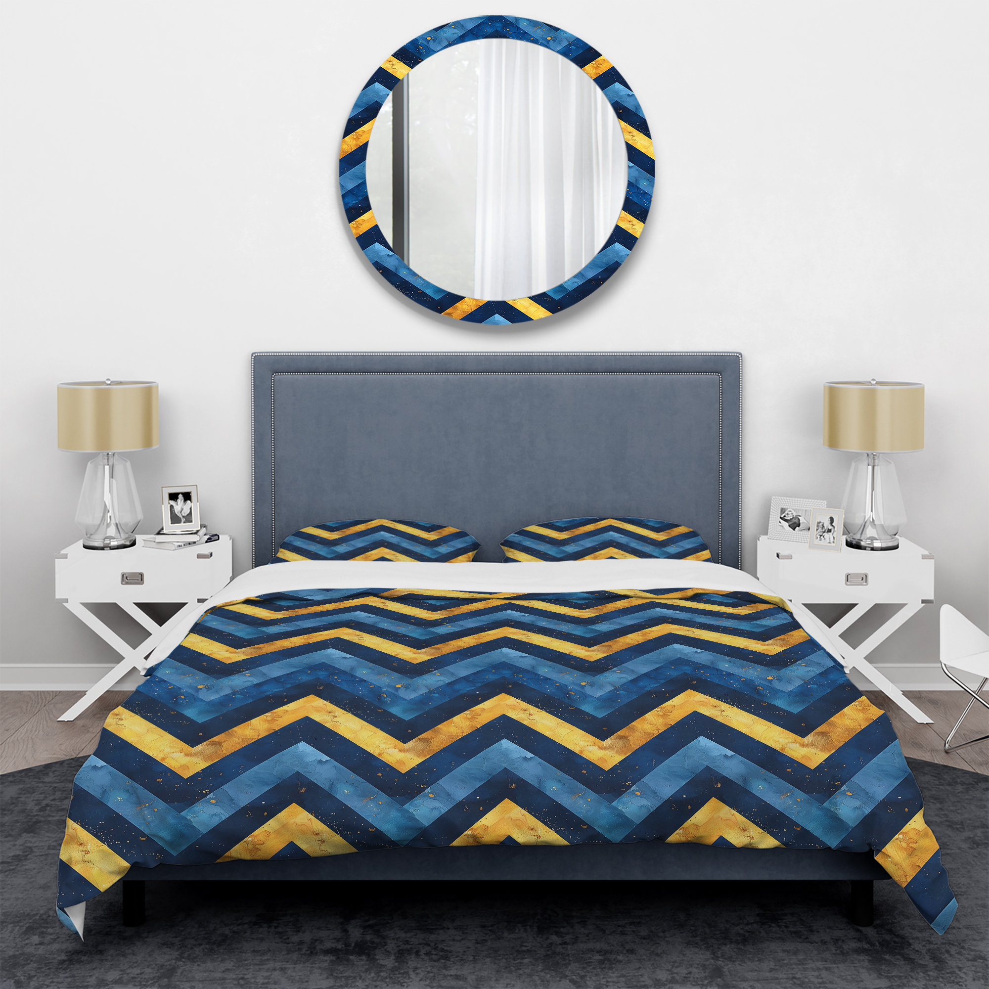 Design Art Blue Gold Chevron Patterns IV - Modern Duvet Cover Set | Wayfair