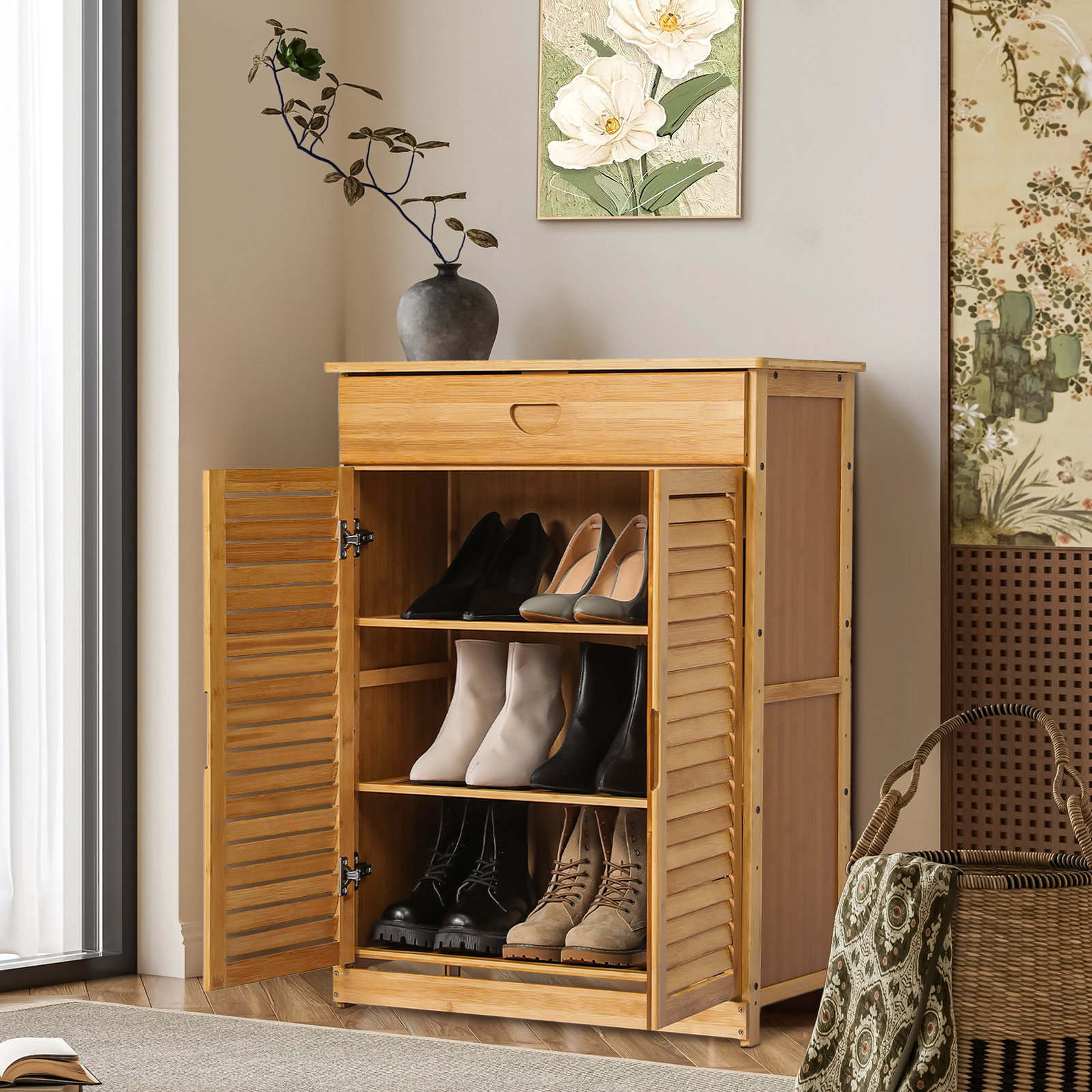 Ophelia & Co. Bamboo 3-Tier Shoe Rack With Drawer, Holds 9 Pairs ...