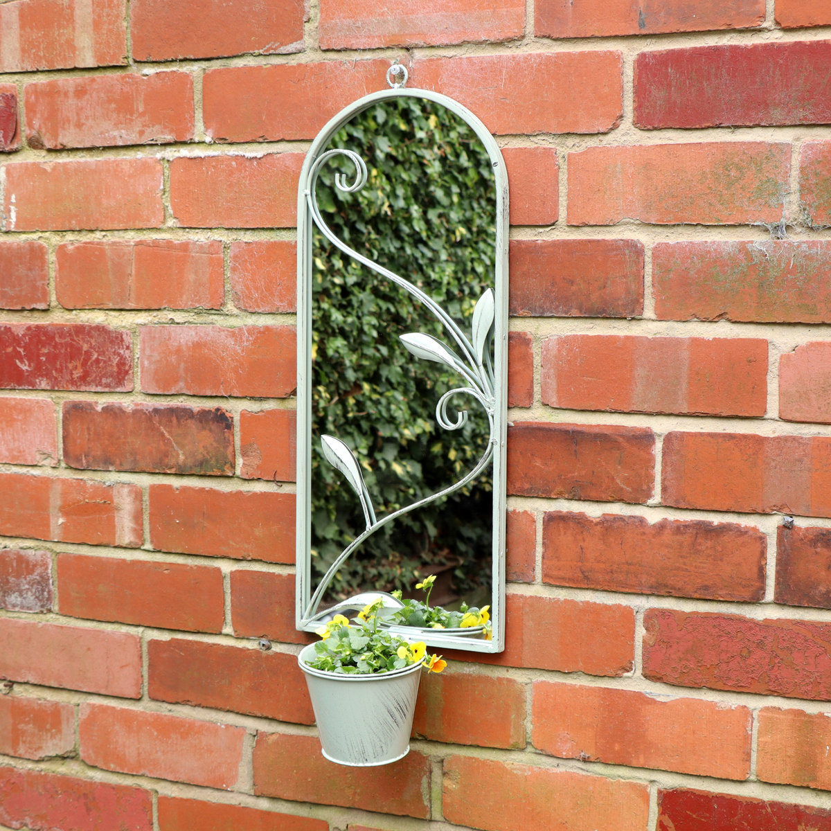 Brambly Cottage Outdoor Metal Pale Mirror With Plant Pot | Wayfair.co.uk