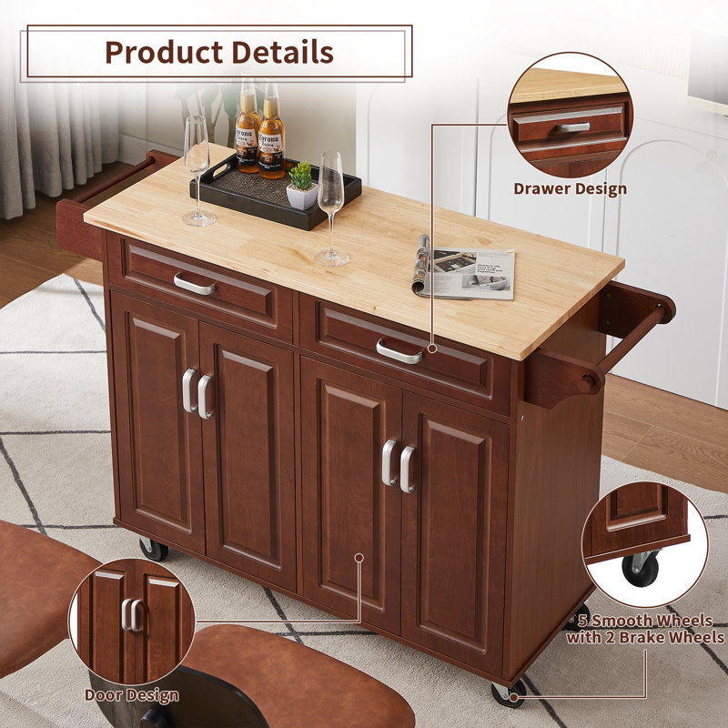Lark Manor™ 35.4''H Brown Wooden Mobile Kitchen Island Cart With 2 ...