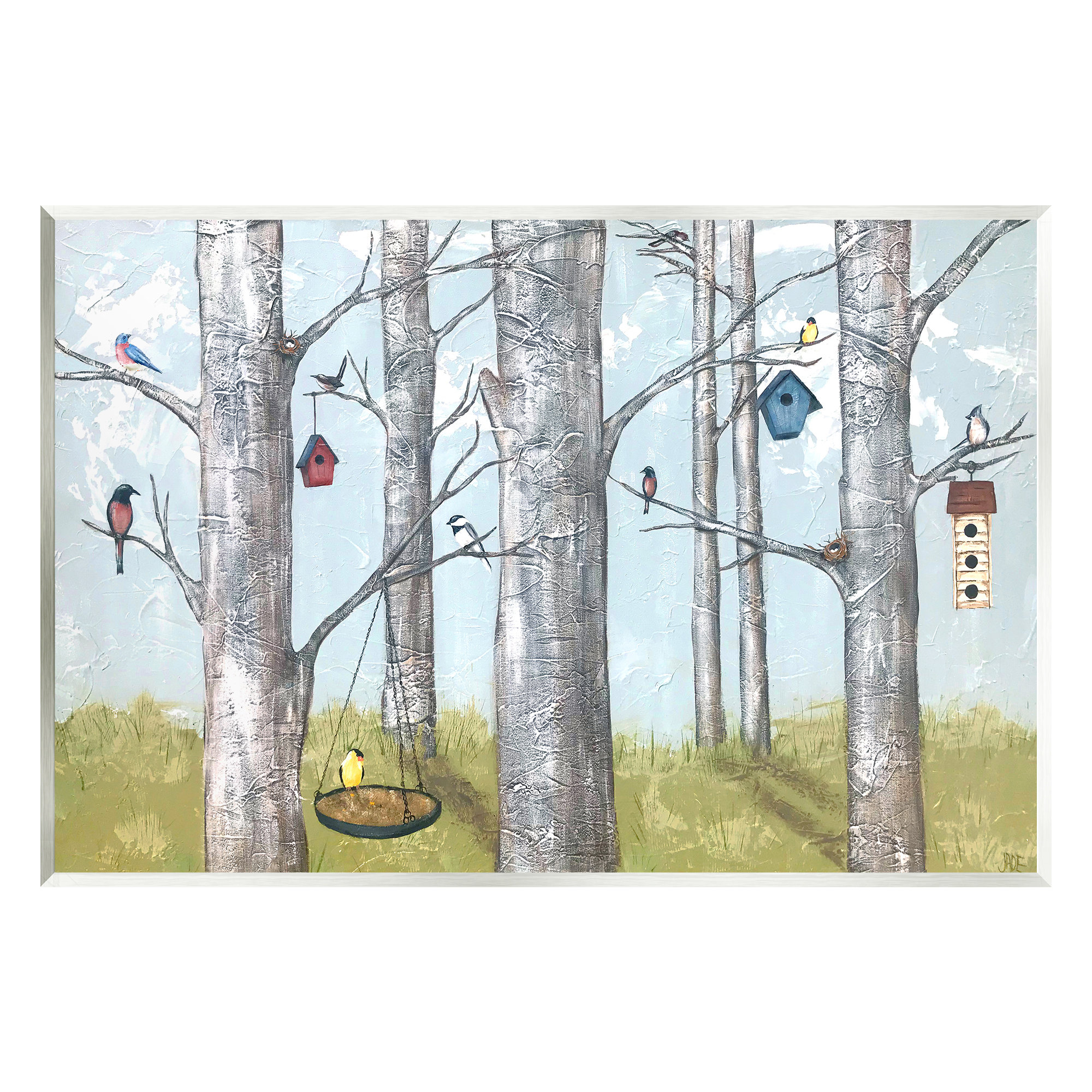 Stupell Industries Birdhouses Woodland Birch Trees Framed Floater ...