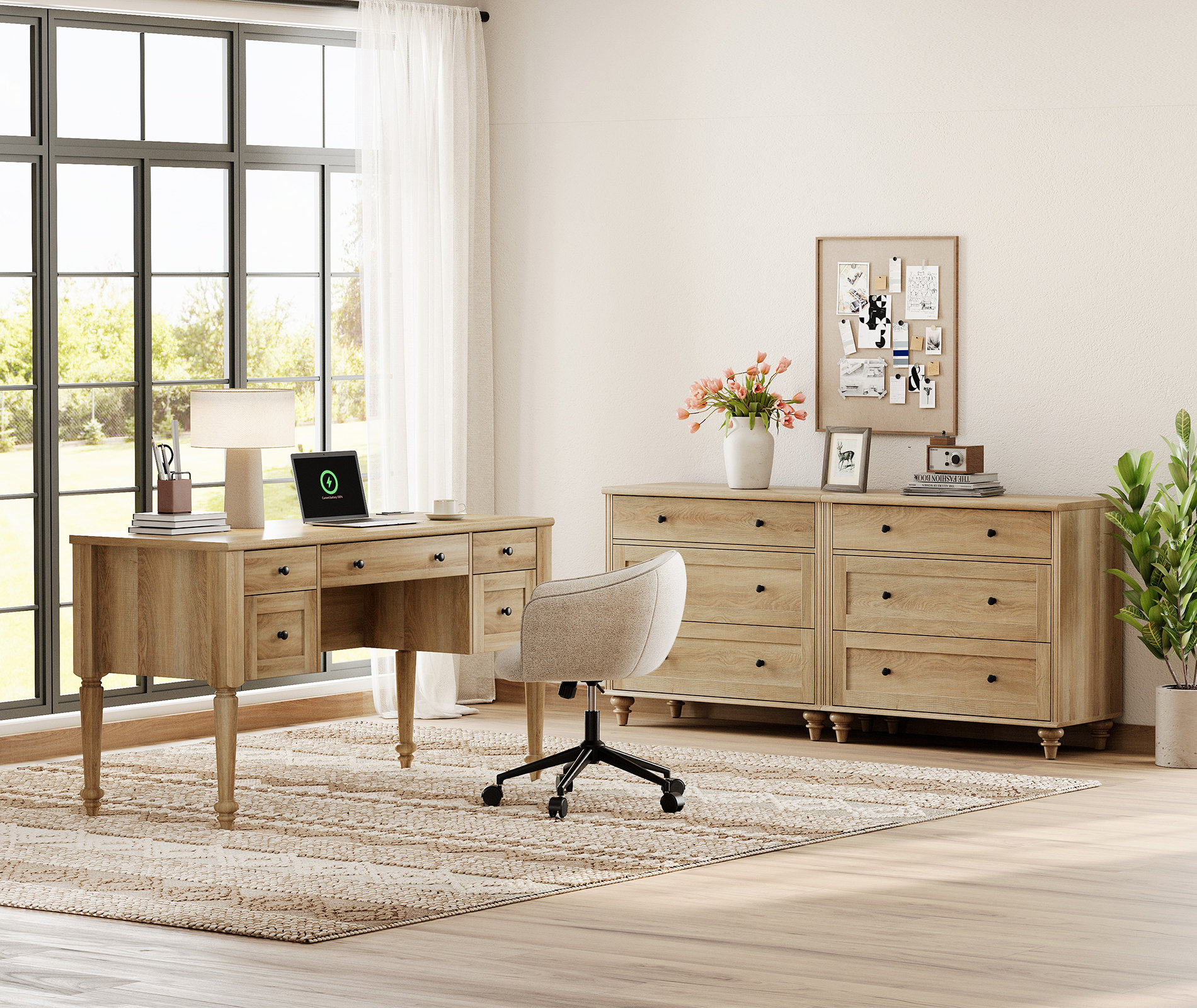 Charlton Home Farmhouse Style Desk And Wooden Dresser Combo Set ...