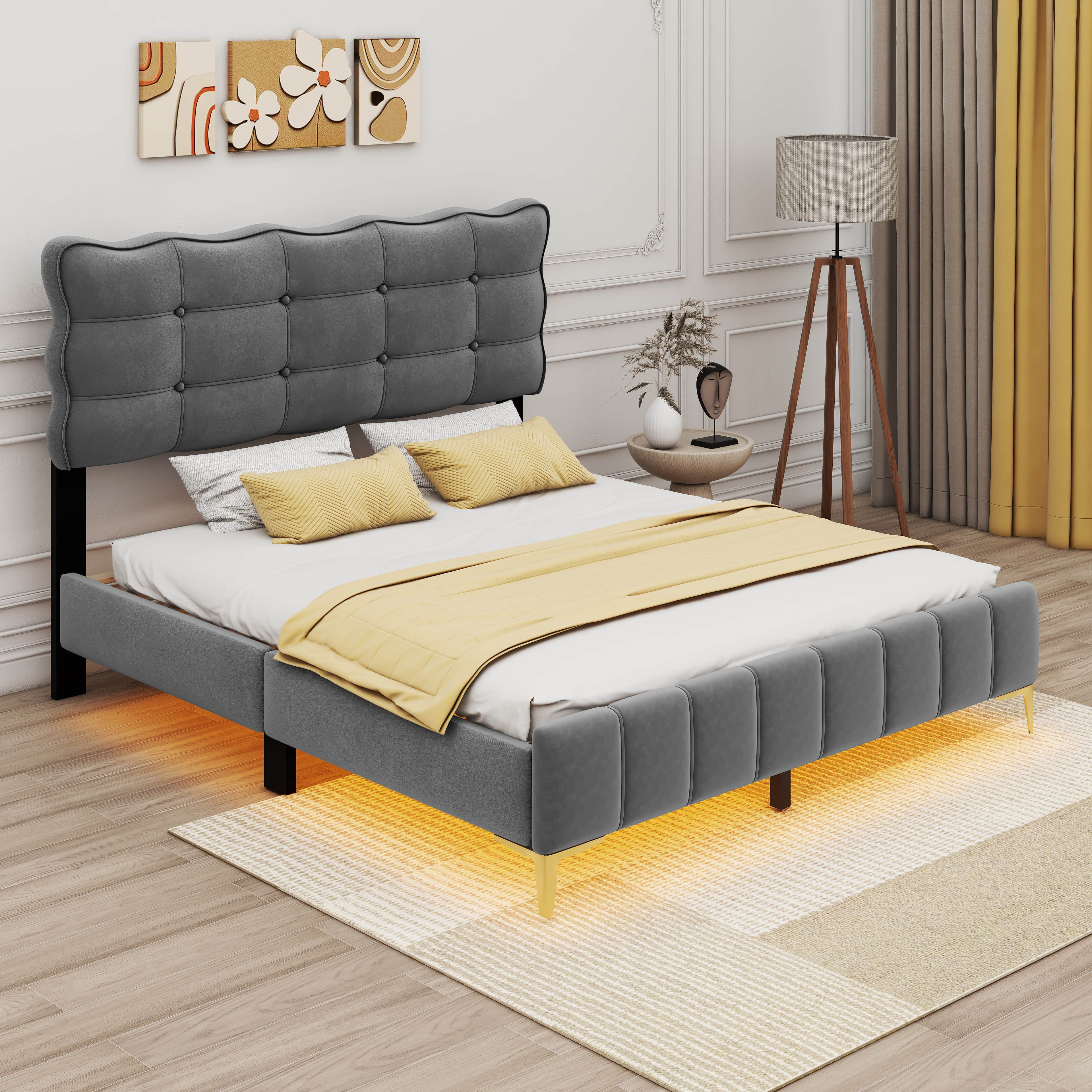Red Barrel Studio Queen Size Velvet Platform Bed With LED Frame And ...