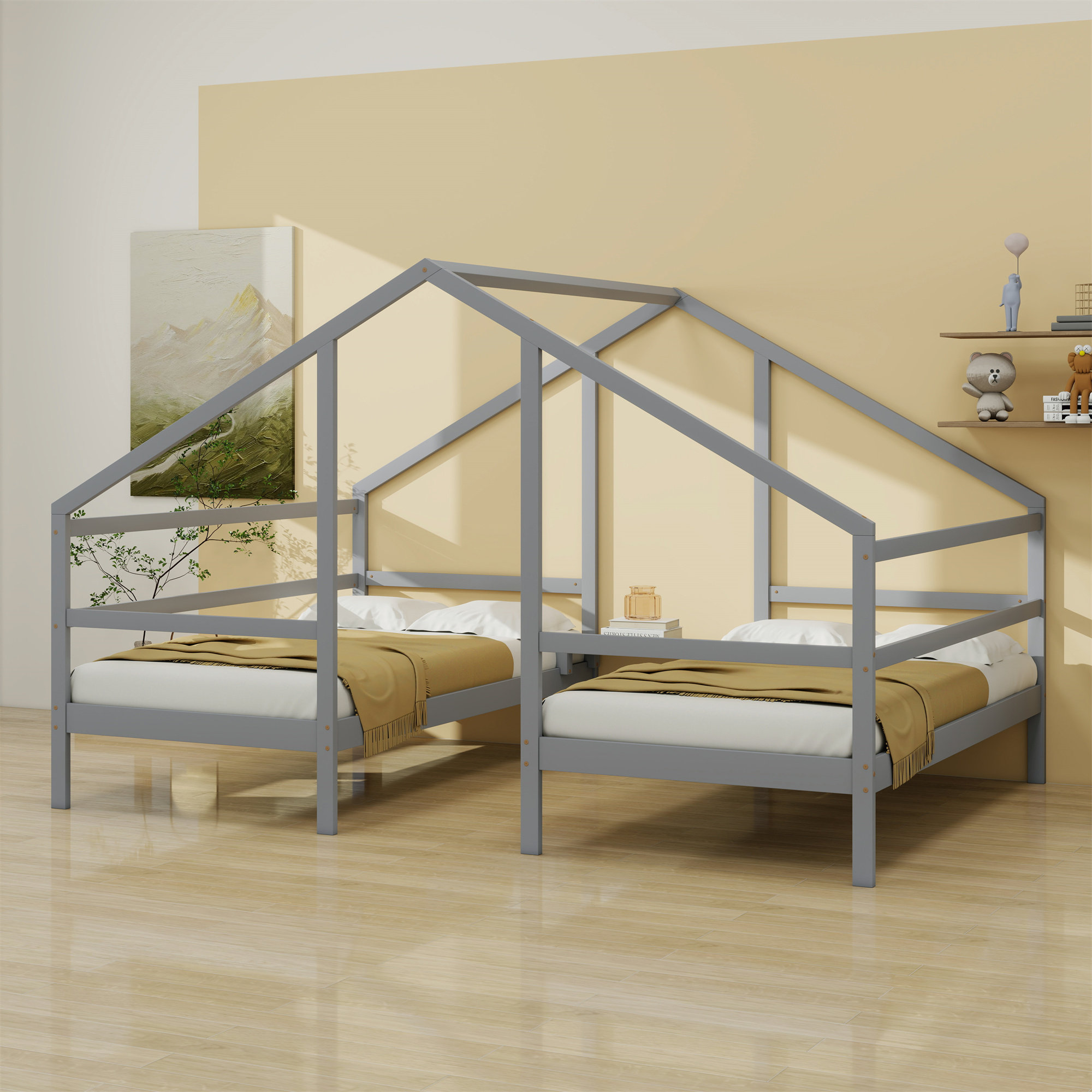 Harper Orchard Double Triangular House Beds With Built-In Shelves | Wayfair