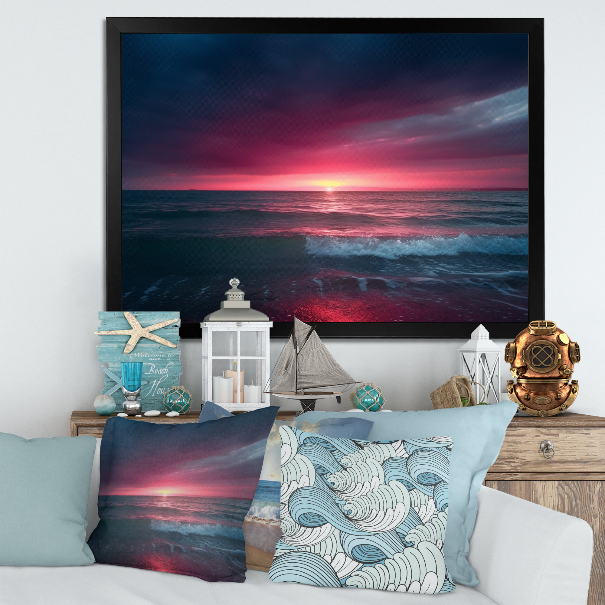 Dovecove Pink Coastal Horizon I - Modern Landscape Beach Wall Decor ...