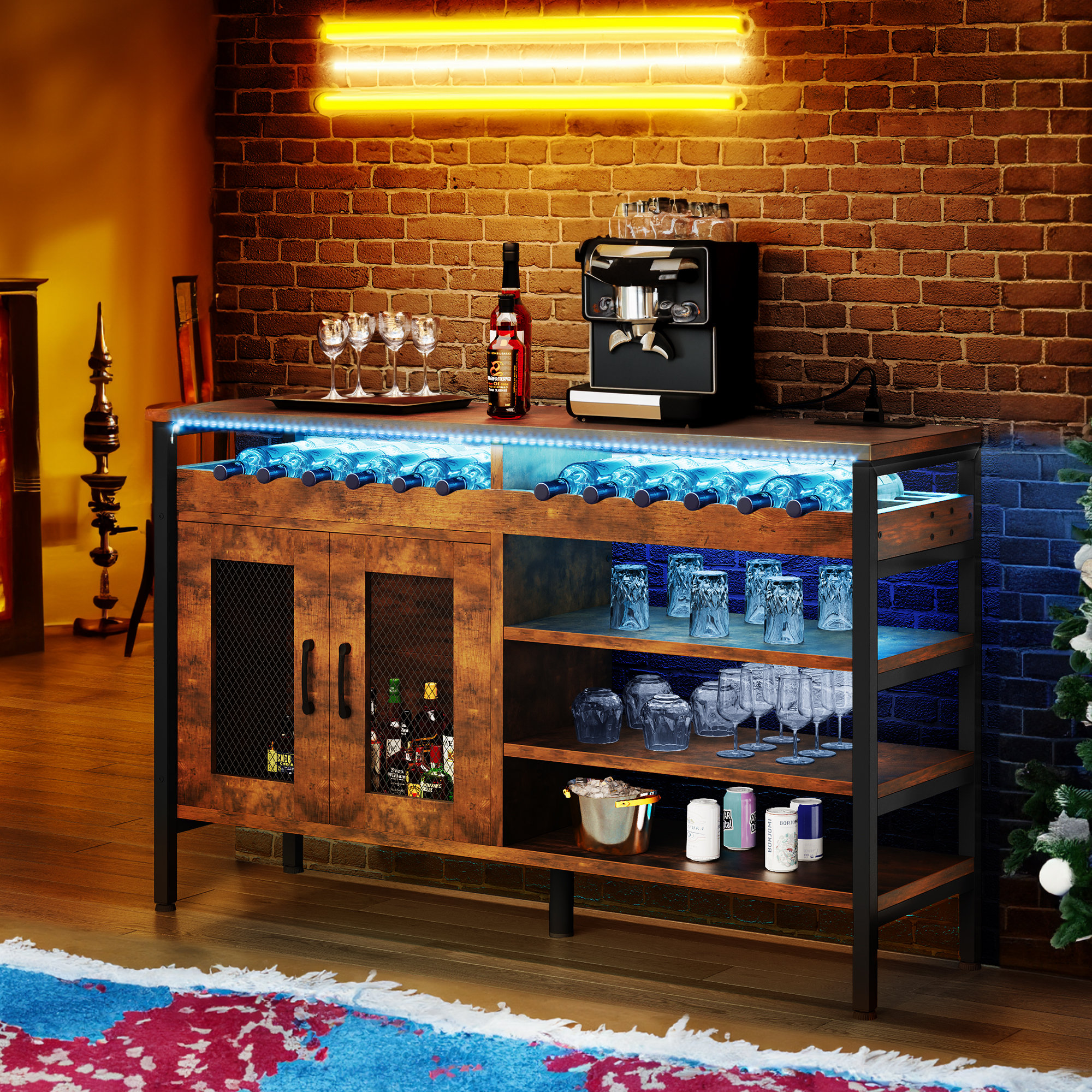 Wrought Studio™ 55" Industrial Coffee Bar Cabinet With Led Lights And ...
