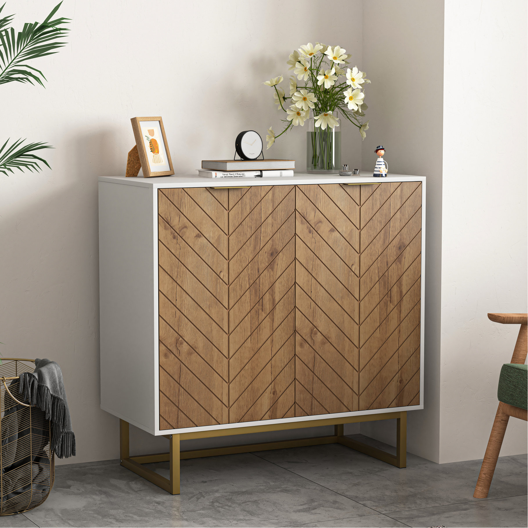 Mercer41 White Gold Storage Sideboard - Modern Buffet Cabinet For ...