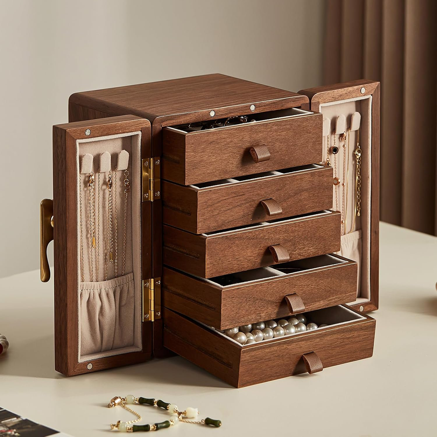 SIPIROT Black Walnut Wooden Jewellery Box 5 Layer Large Wood Jewellery ...