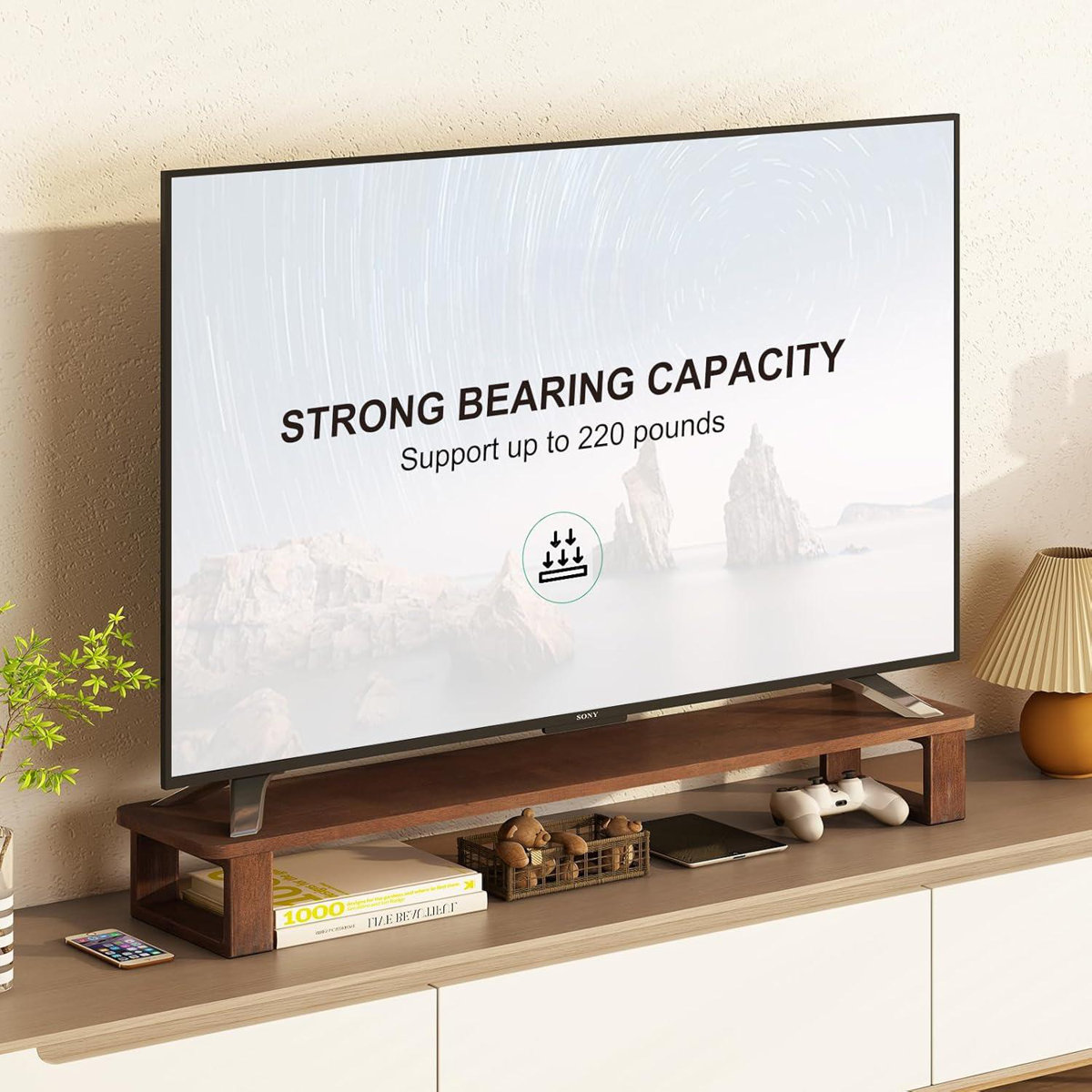 Latitude Run® Lief Dual Monitor Stand Riser 2 Heights Adjustable Wood ...