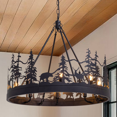 Millwood Pines 30" Farmhouse Wagon Wheel Chandelier Black Dimmable ...