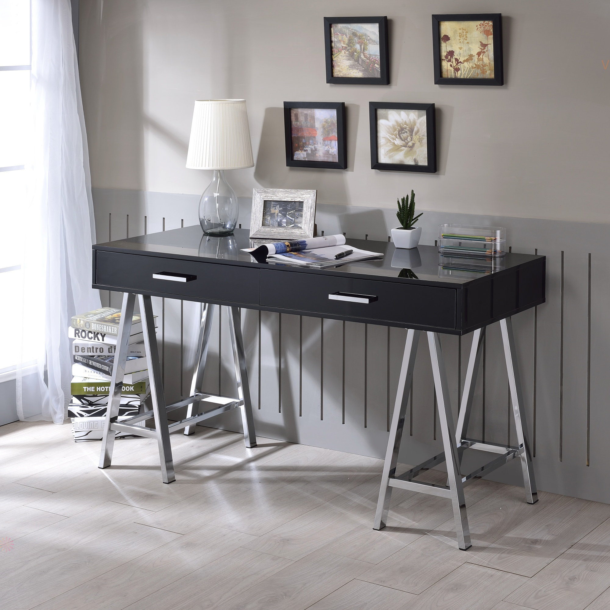 Wrought Studio™ Coleen White High Gloss & Chrome Finish Writing Desk W ...