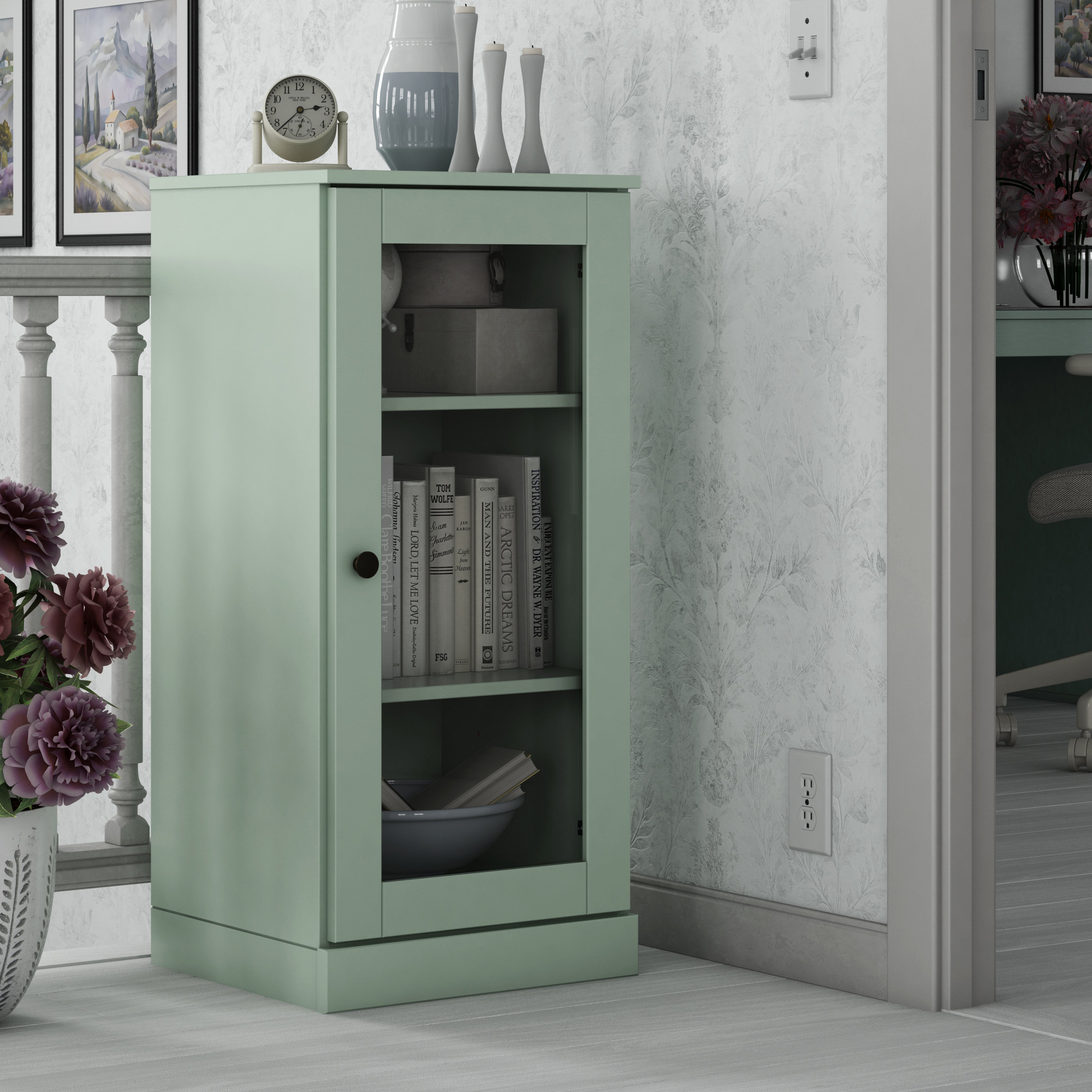 Latitude Run® 100% Solid Wood 3-Shelf Bookcase with Clear Glass Door ...