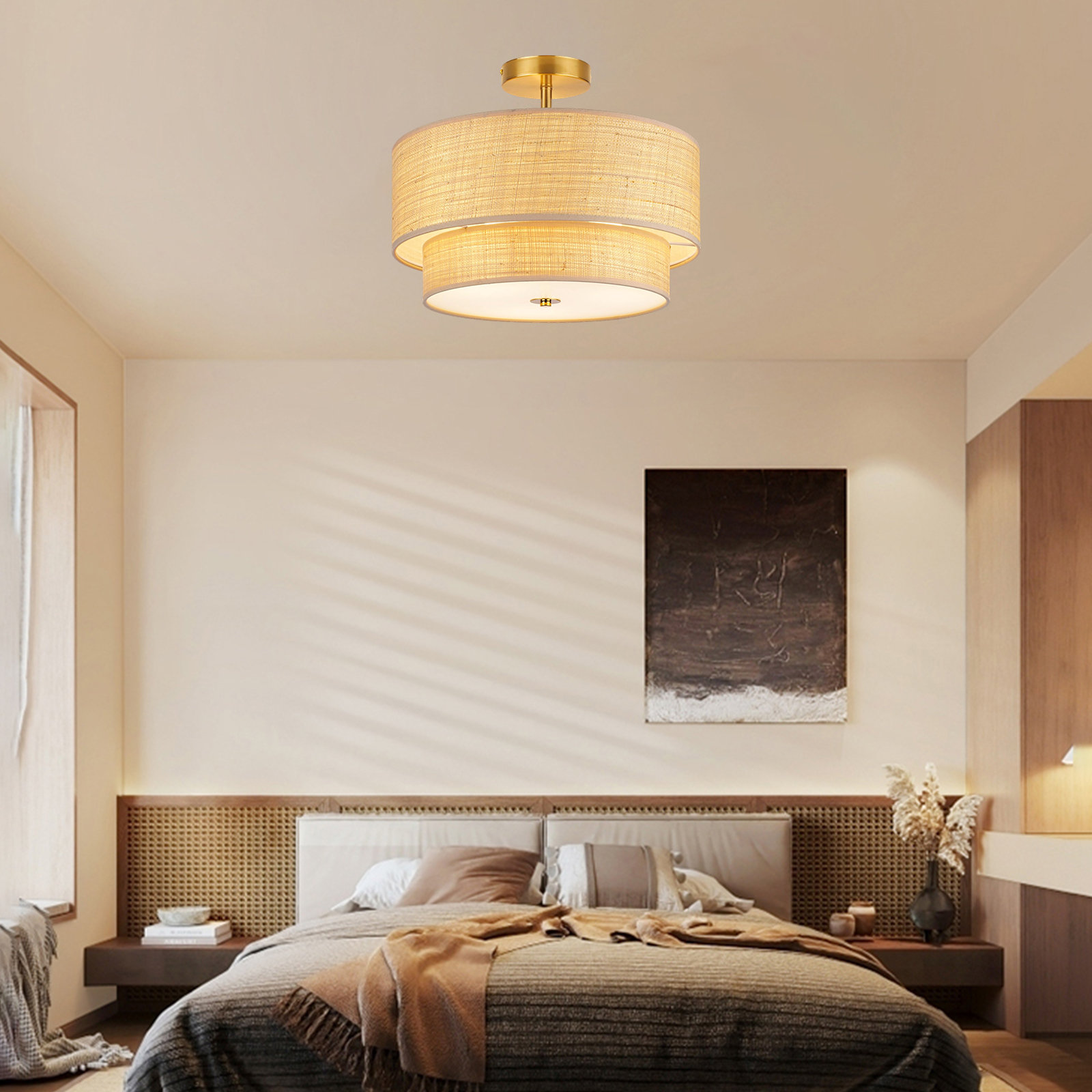 Mercer41 Semi-Recessed Ceiling Light, Double Layer Lefia Woven Drum ...