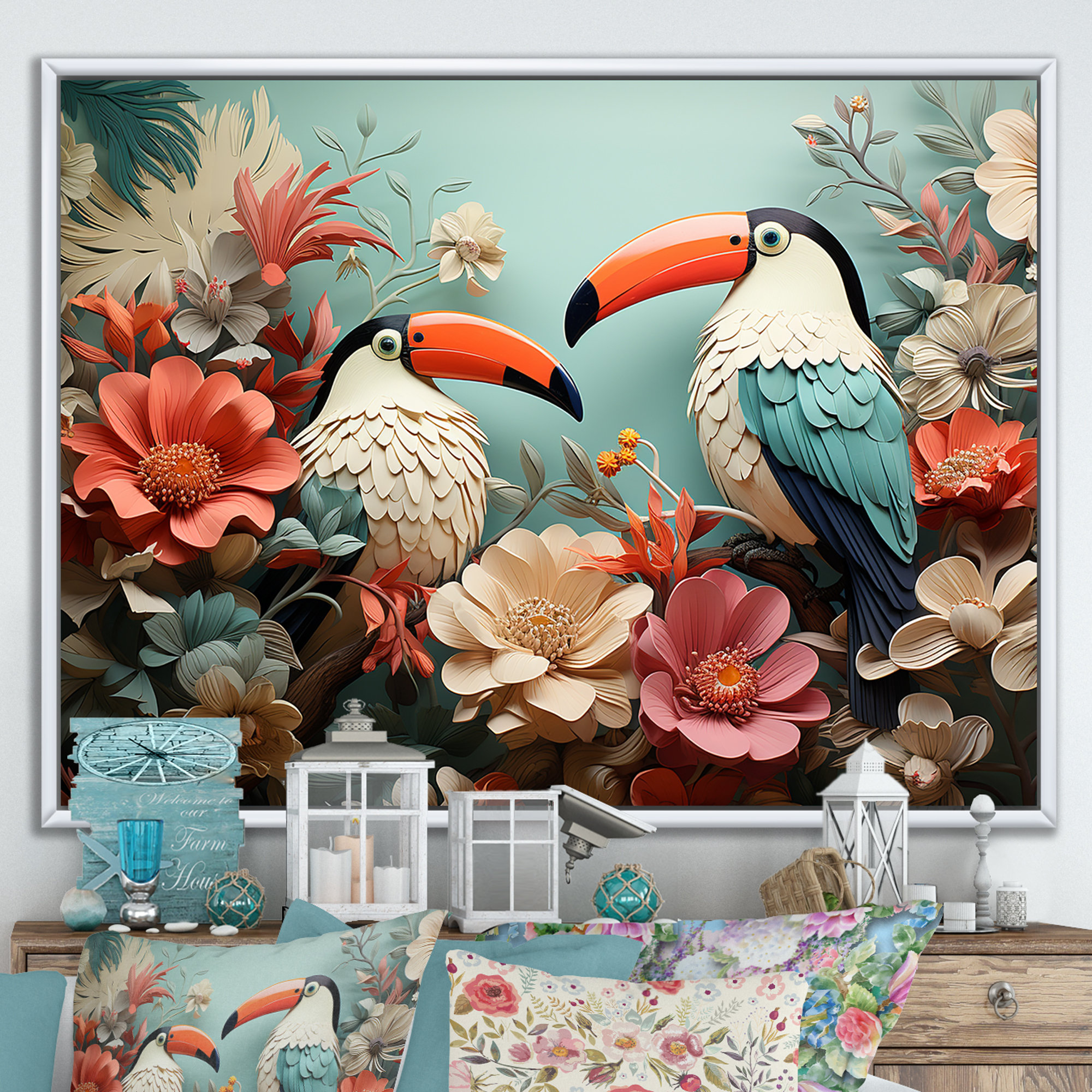 Bayou Breeze Blue And Pink Tropics Toucan Collage I - Toucan Animal ...