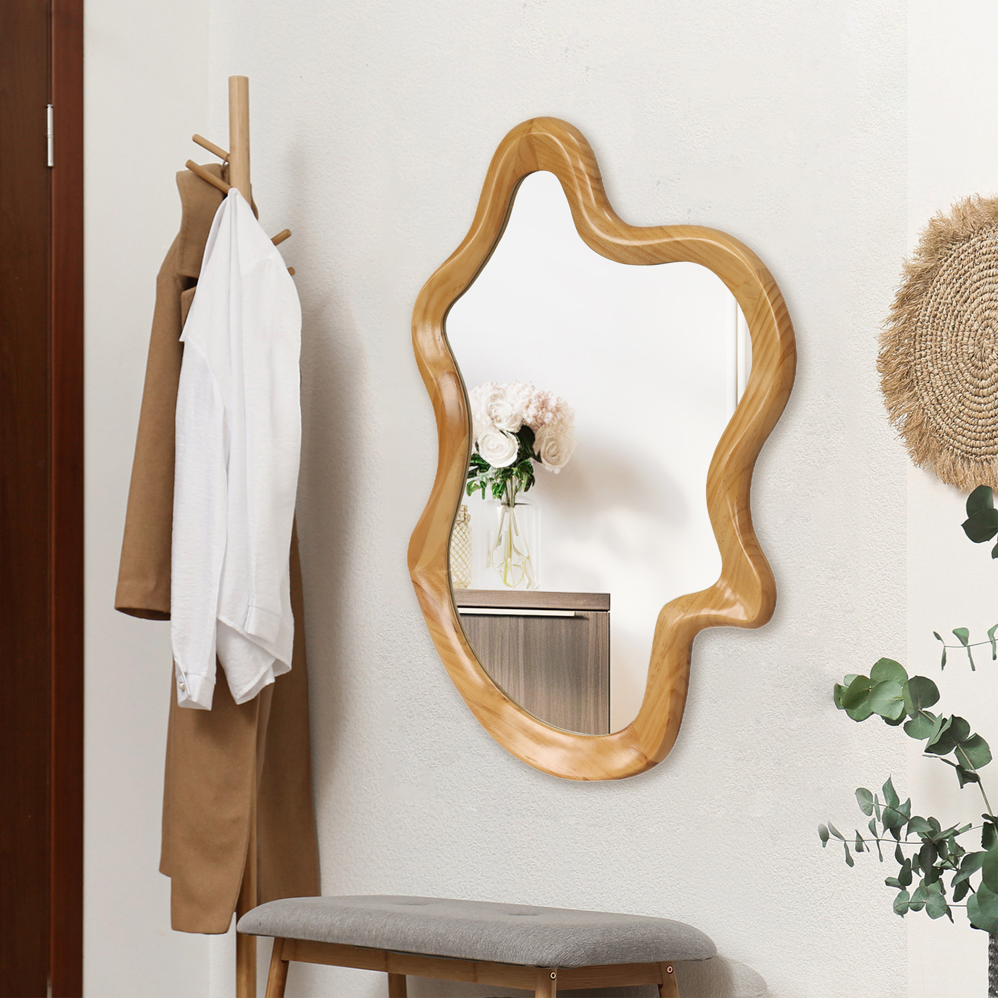 Wrought Studio™ Irregular Shaped Wall Mirror with Natural Wood Frame ...
