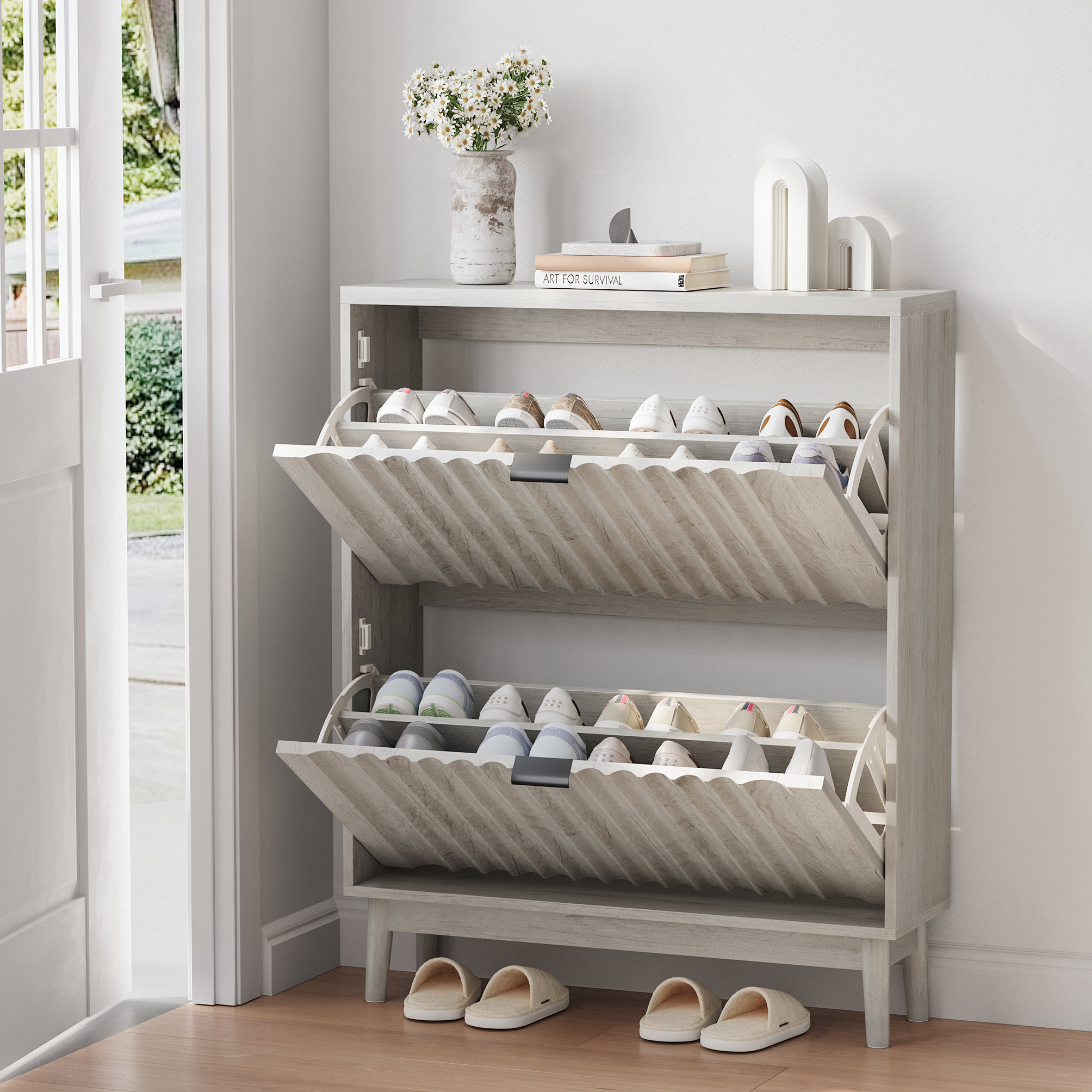Corrigan Studio® Shoe Cabinet With 2 Flip Drawers, Fluted Shoe Storage ...