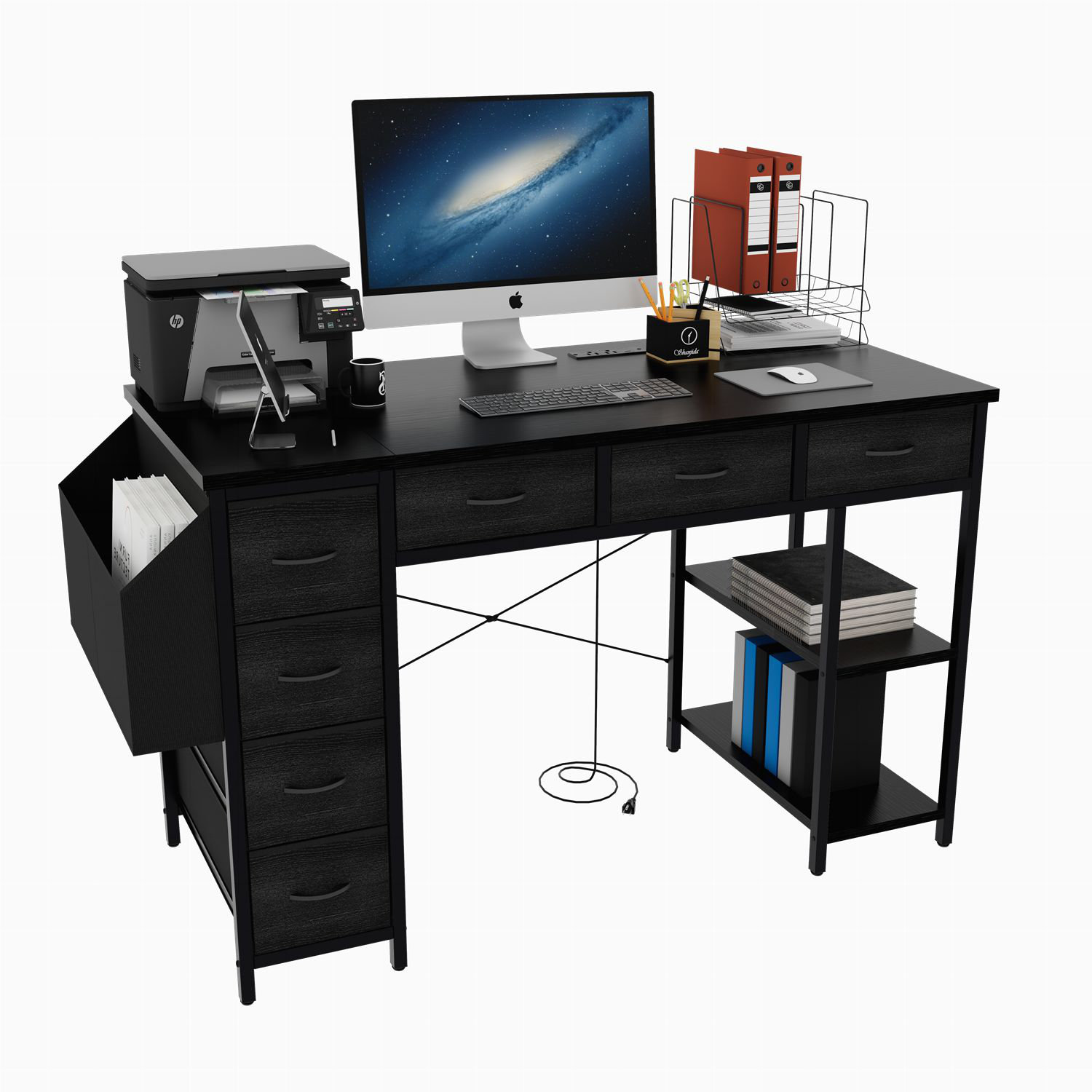 Ebern Designs Multi-Functional 47 Inch Computer Desk with Power Outlet, 7 Fabric Drawers, and ...
