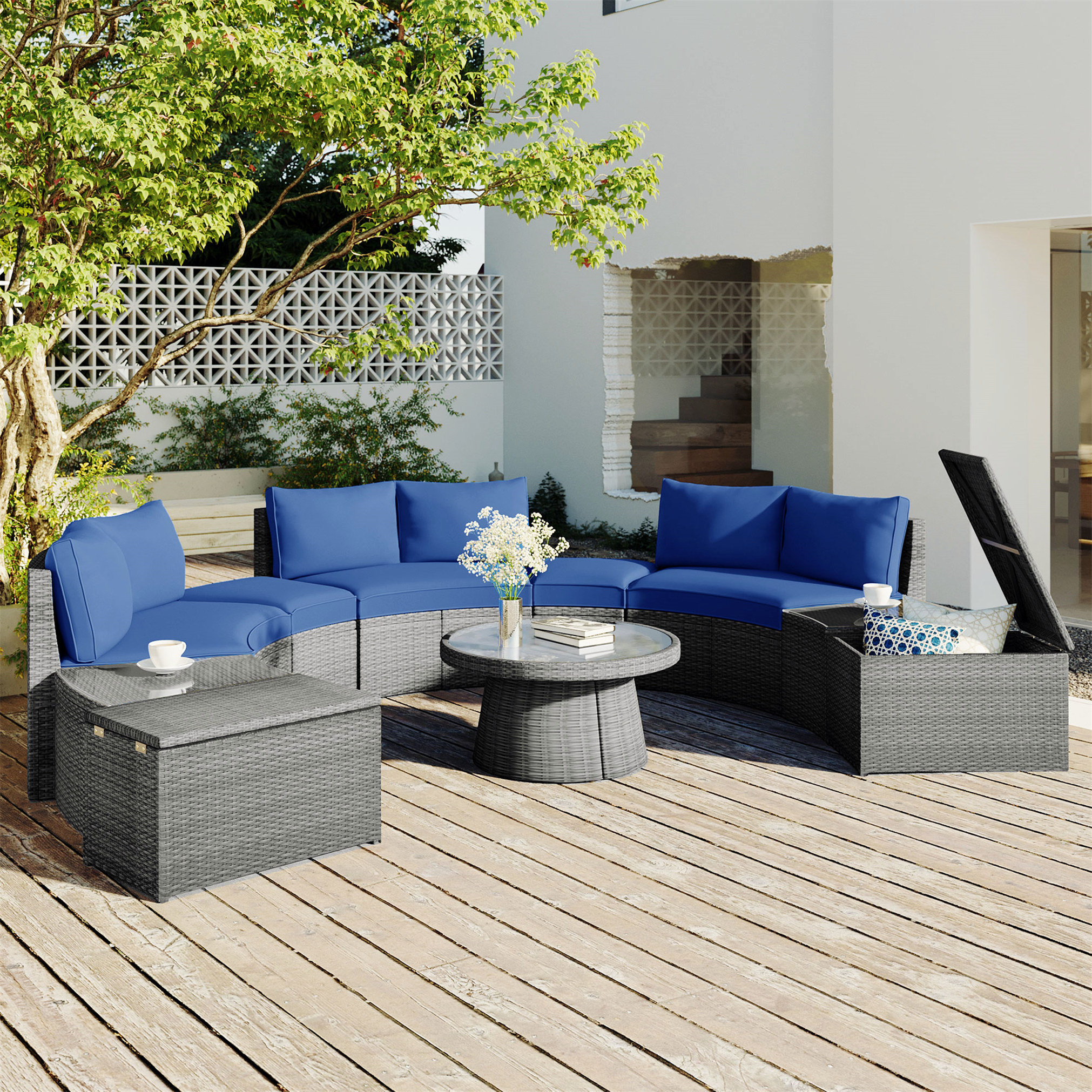 Latitude Run® 10-Piece Outdoor Sectional Half Round Patio Rattan Sofa ...