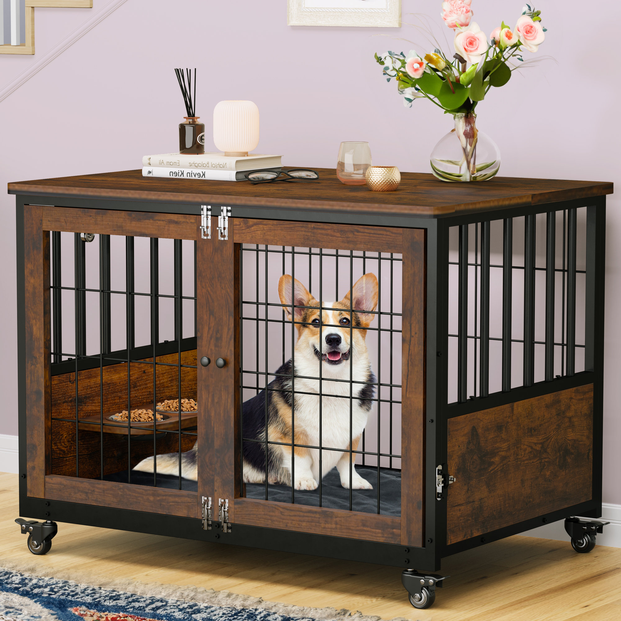Archie & Oscar™ Dog Crate Furniture with Wheels, Feeding Bowls ...