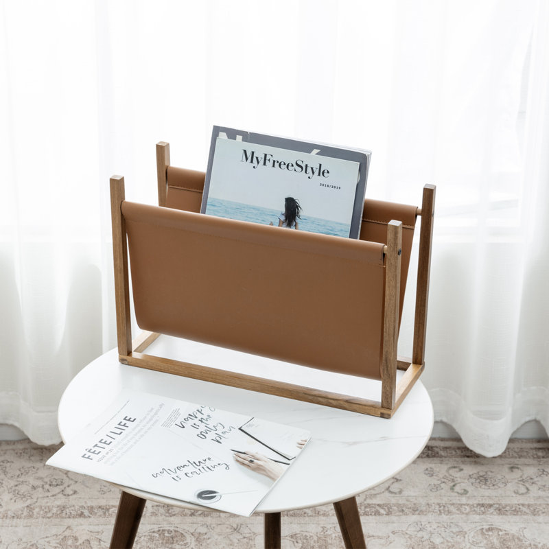 Ebern Designs Standing Acacia Wood Leatherette Magazine Rack | Wayfair