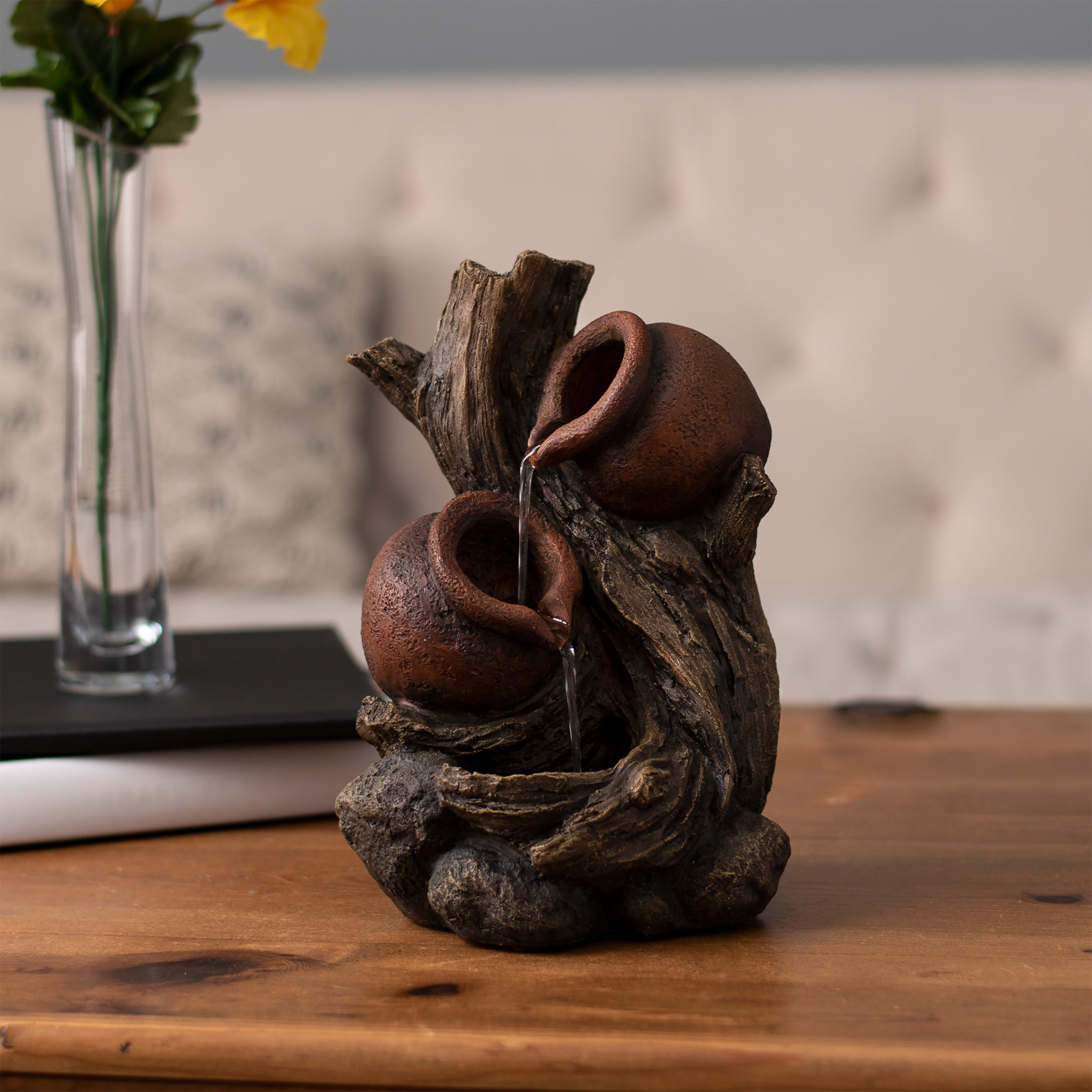 Pure Garden Tabletop Water Fountain- 9"" Rustic Tree Trunk and Clay ...