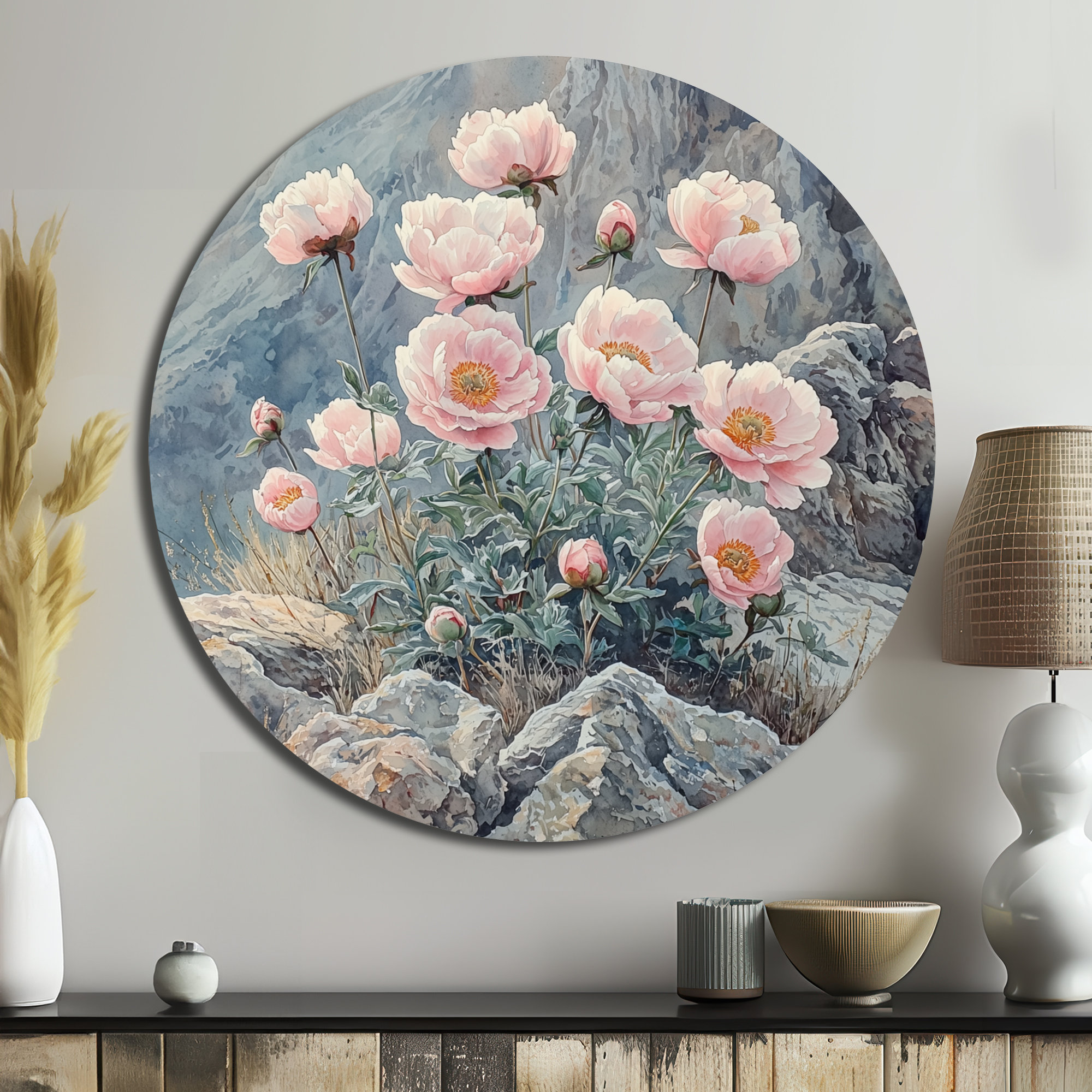 Latitude Run® Peonies In The Rocky Pass I - Traditional Pink Metal Art ...