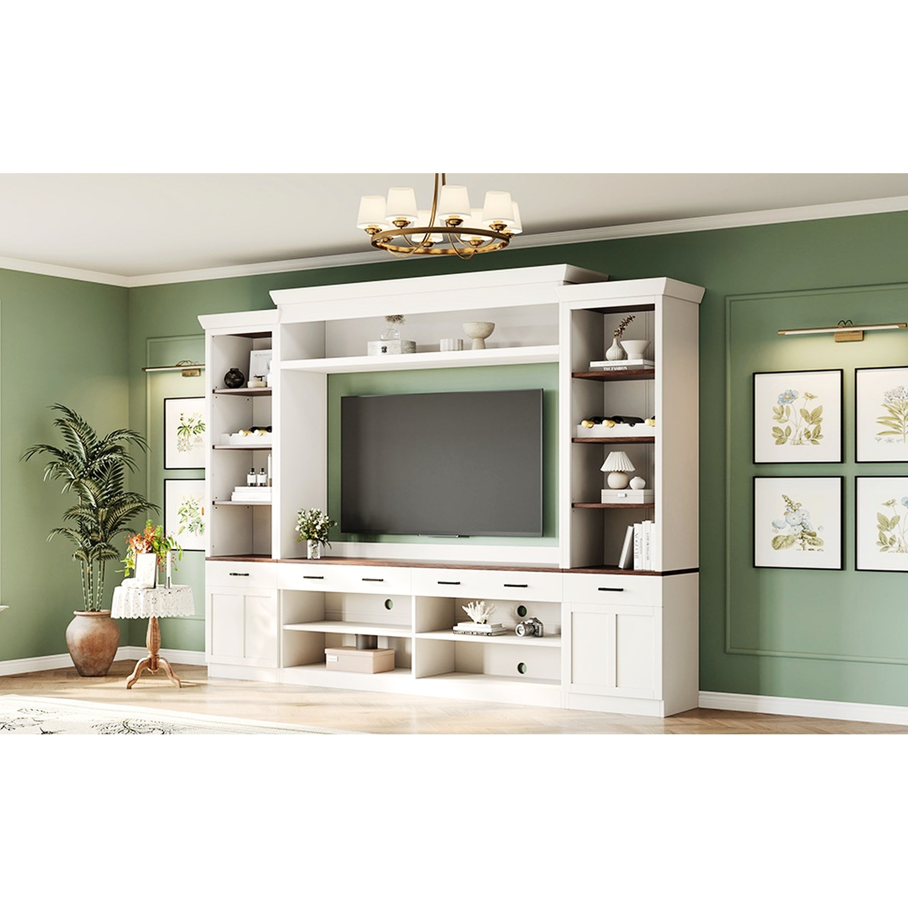 17 Stories Walnut Entertainment Desk With Accents And 70" Tv ...