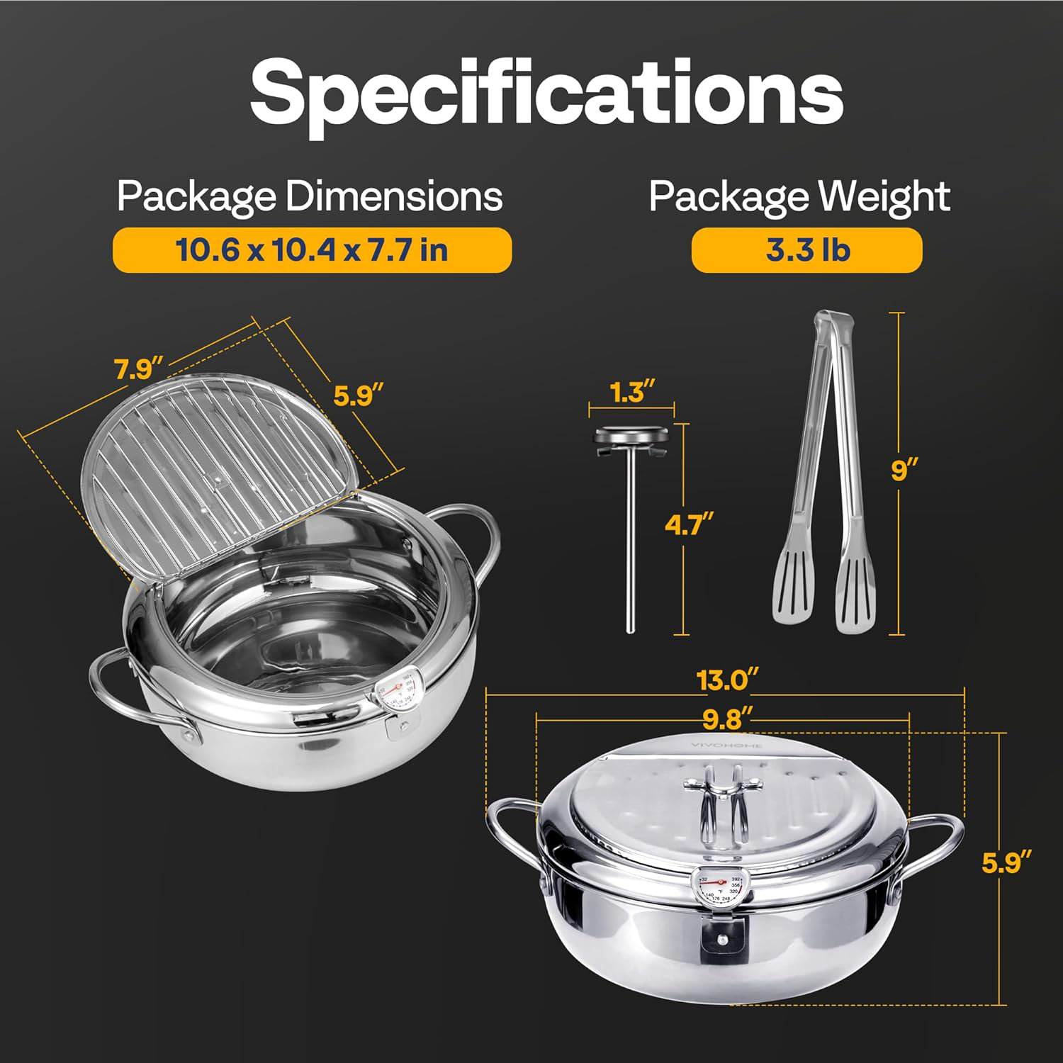 VIVOHOME Stainless Steel Deep Fryer Pot With Tong, Thermometer ...