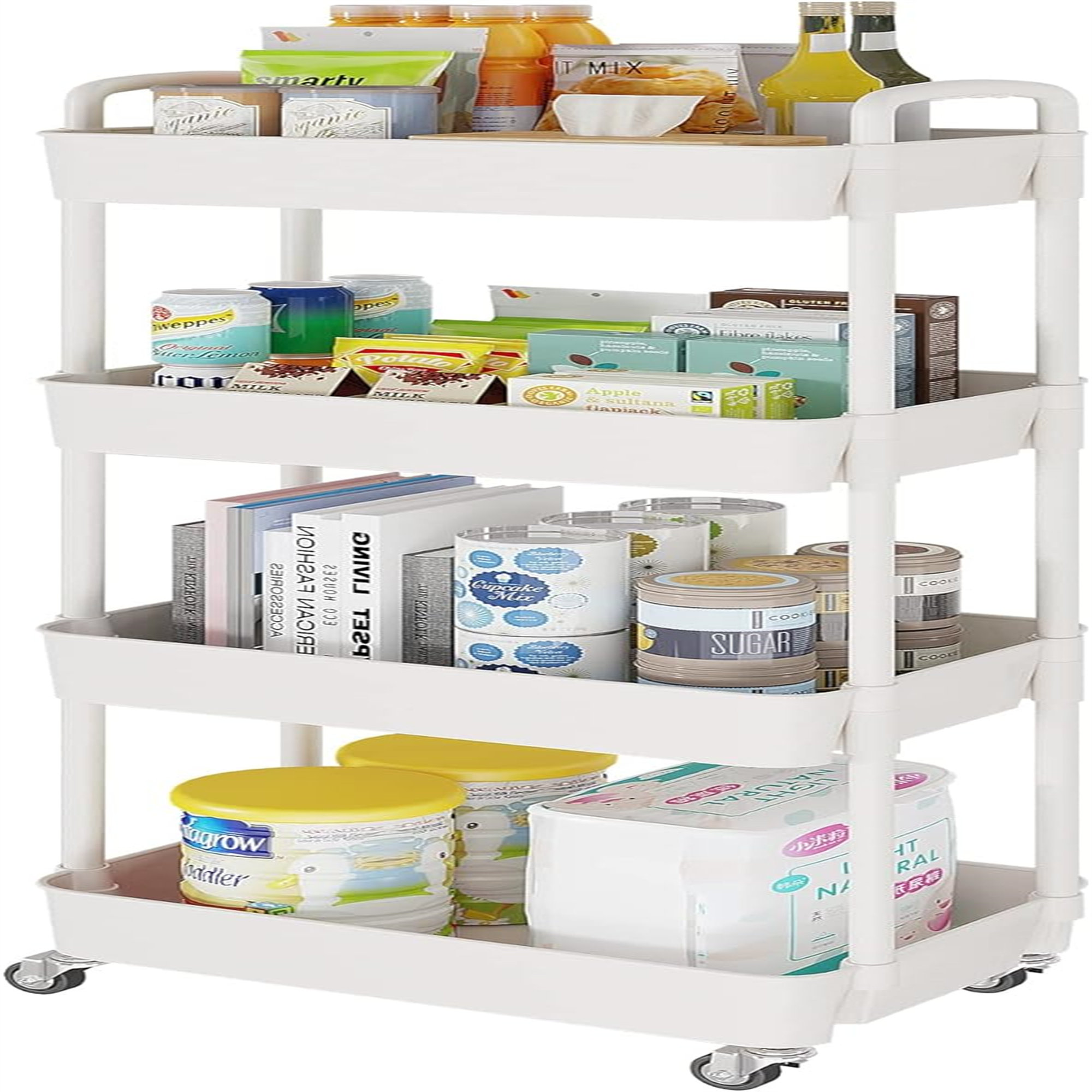EXEBIL Storage Trolley 4 Tiers with Lockable Wheels, Kitchen Storage ...