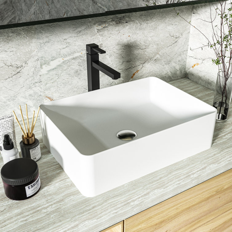 Pensen 20" L x 14" W Matte White Stone Resin Rectangular Vessel ...