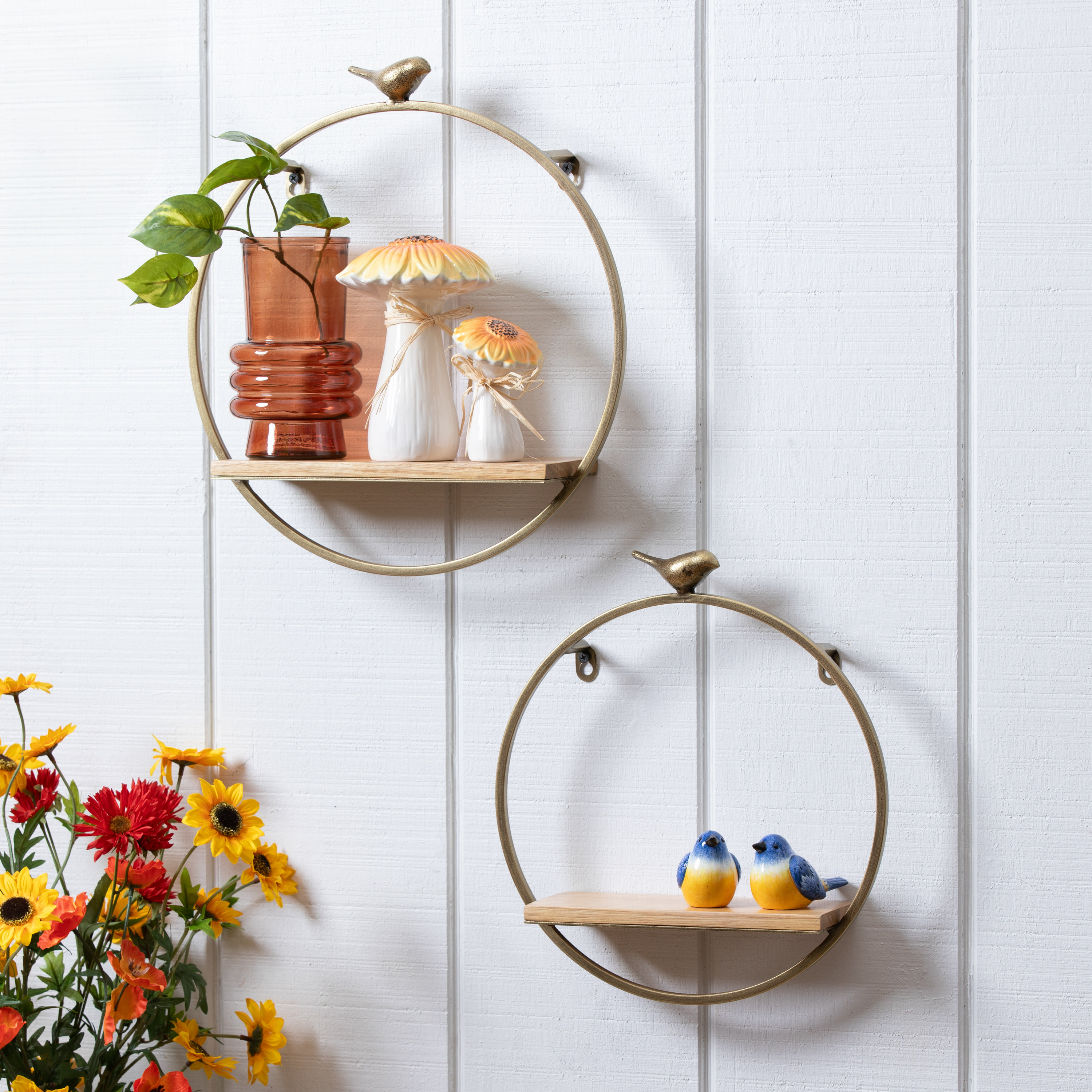 Mercer41 Gold Circle Wall Shelf with Bird, Set of 2 | Wayfair
