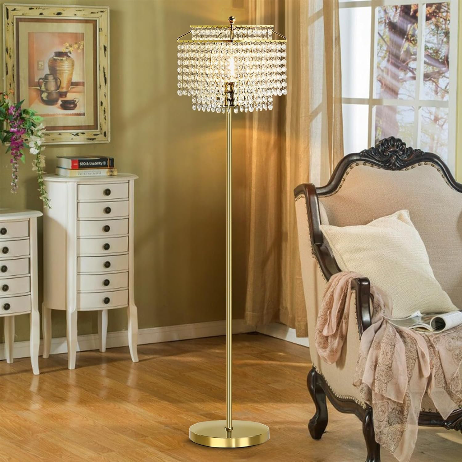 House of Hampton® Crystal Floor Lamp, Elegant Standing Lamp With On-Off ...