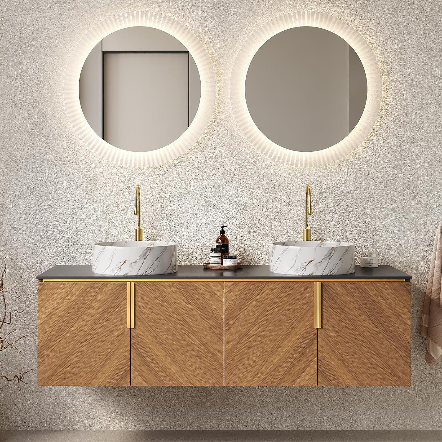 Mercer41 60" Floating Bathroom Vanity with 2 Sinks, White Marble ...