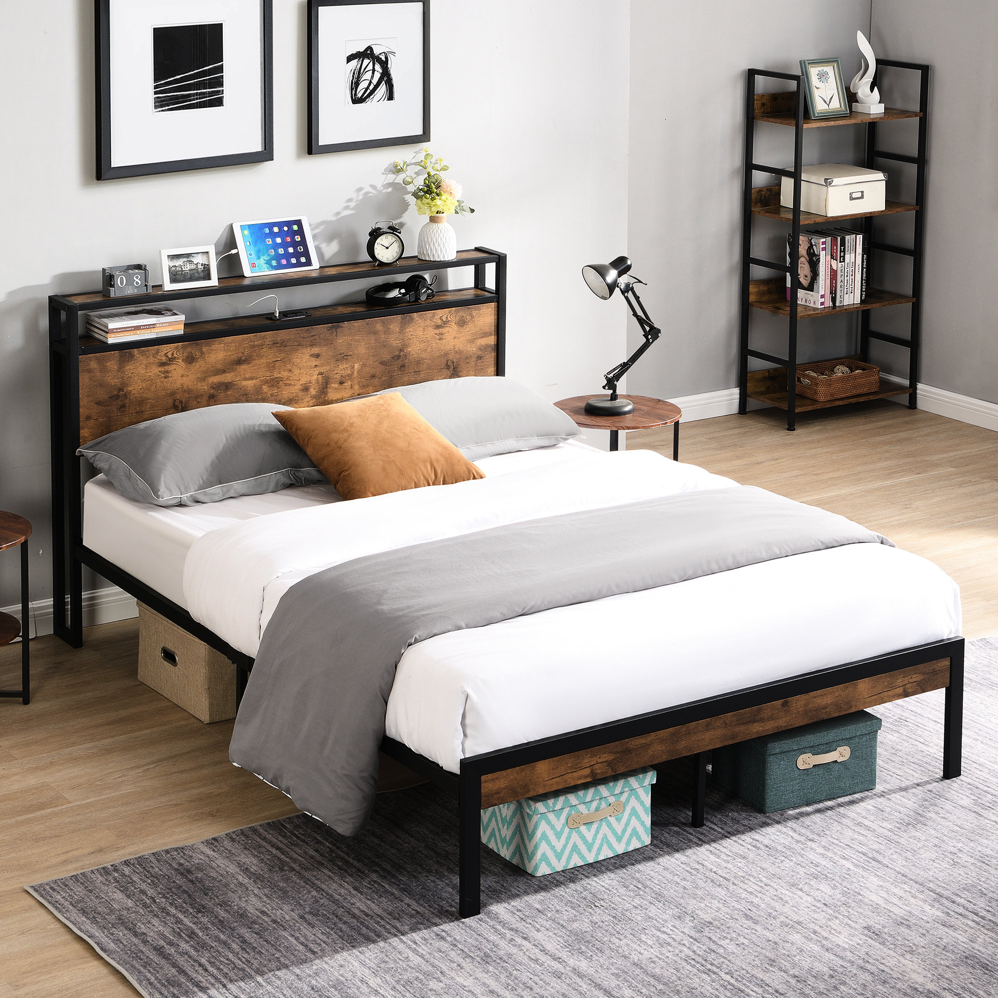 Latitude Run® Modern King Size Metal Bed Frame With Wooden Headboard ...